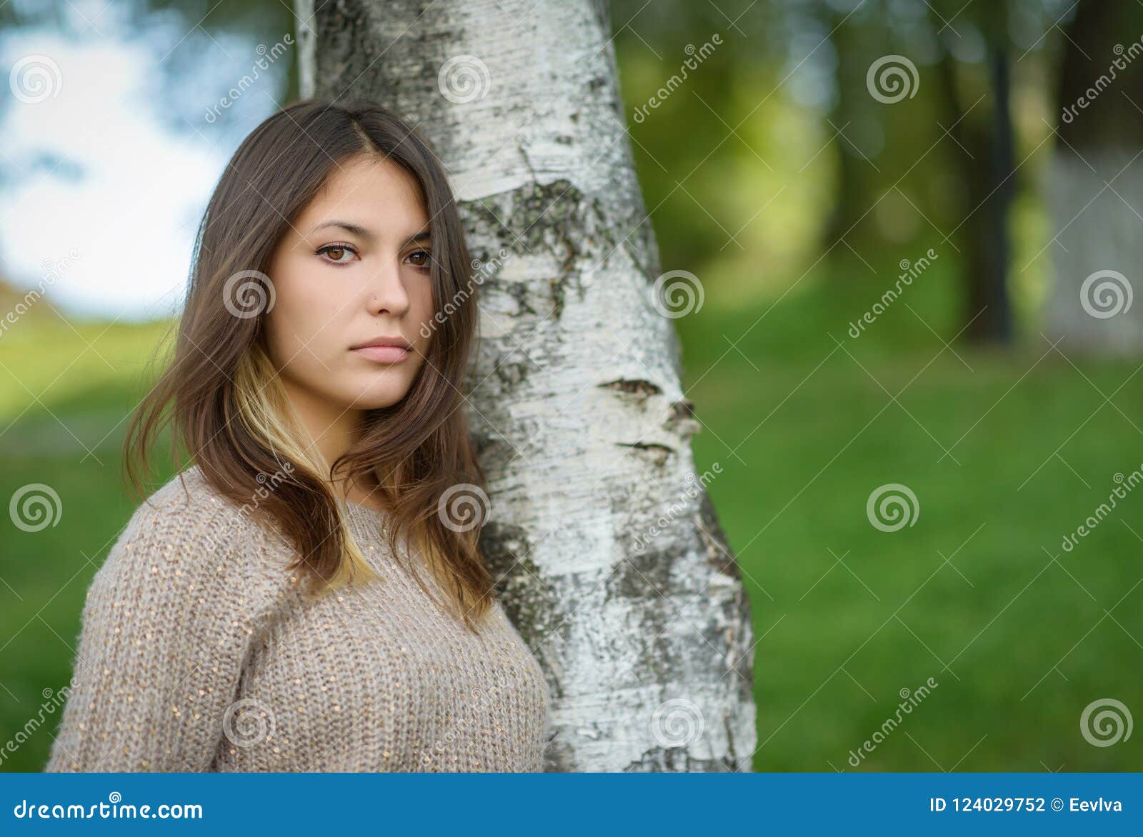 Woman Leaned To the Birch Tree. Stock Photo - Image of nice, natural ...