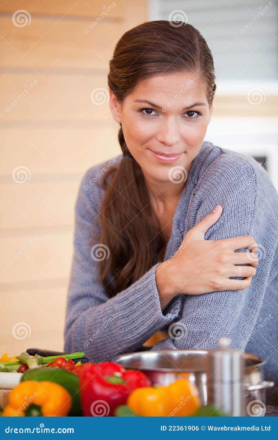 Woman Leaning Against the Kitchen Counter Stock Photo - Image of food ...
