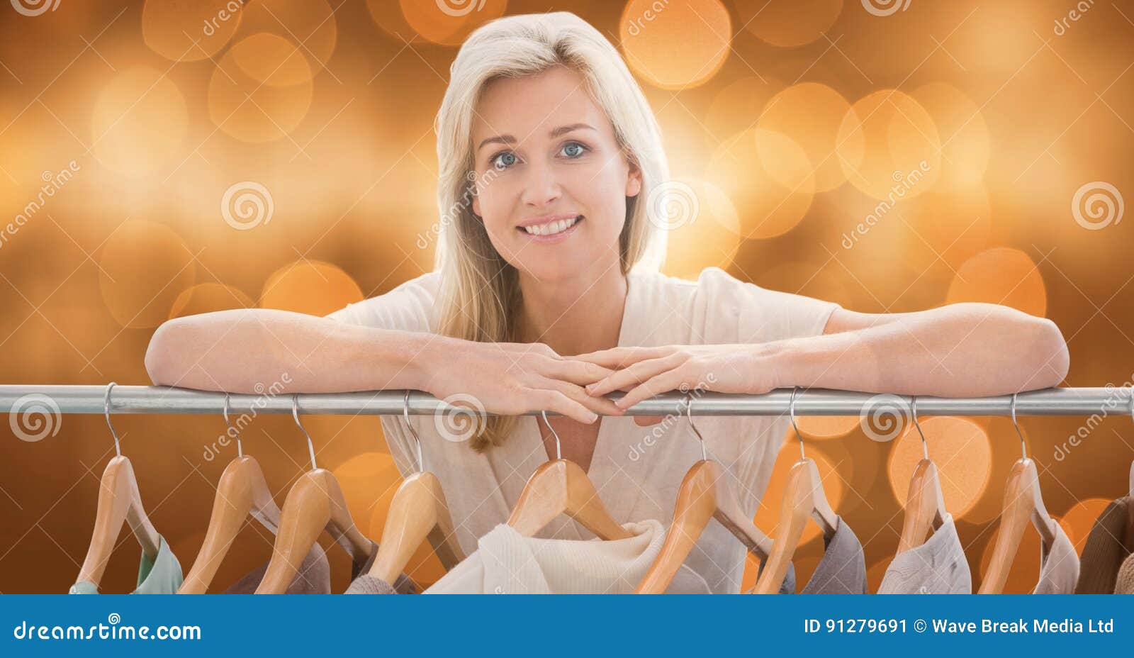 Woman Leaning on Clothing Rack Stock Image - Image of design, computer ...