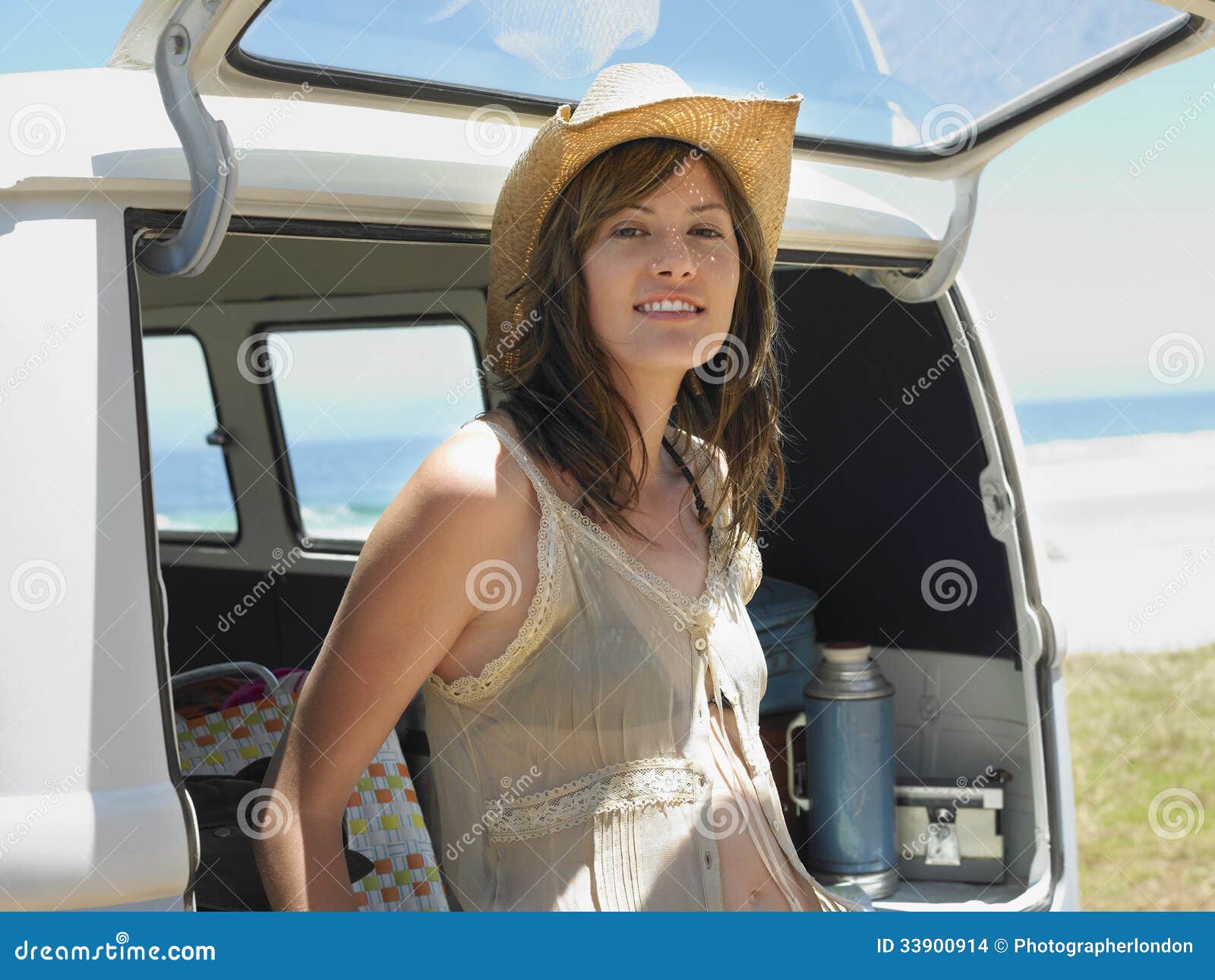 Woman Leaning on Open Tailgate of Van Stock Photo - Image of open ...