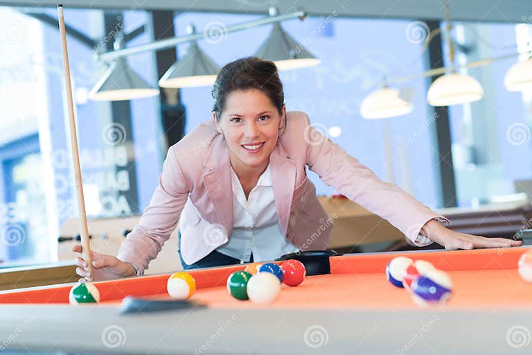 Woman Leaning Over Pool Table Stock Image - Image of daytime, person ...