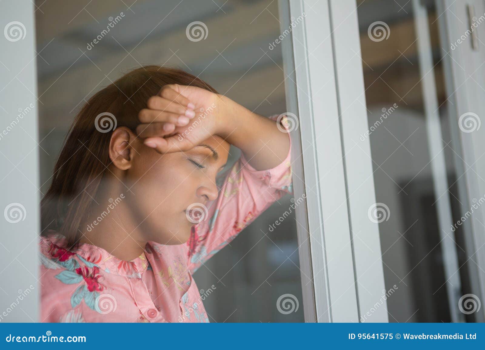 Woman Leaning on Window at Home Stock Image - Image of eyes, adult ...