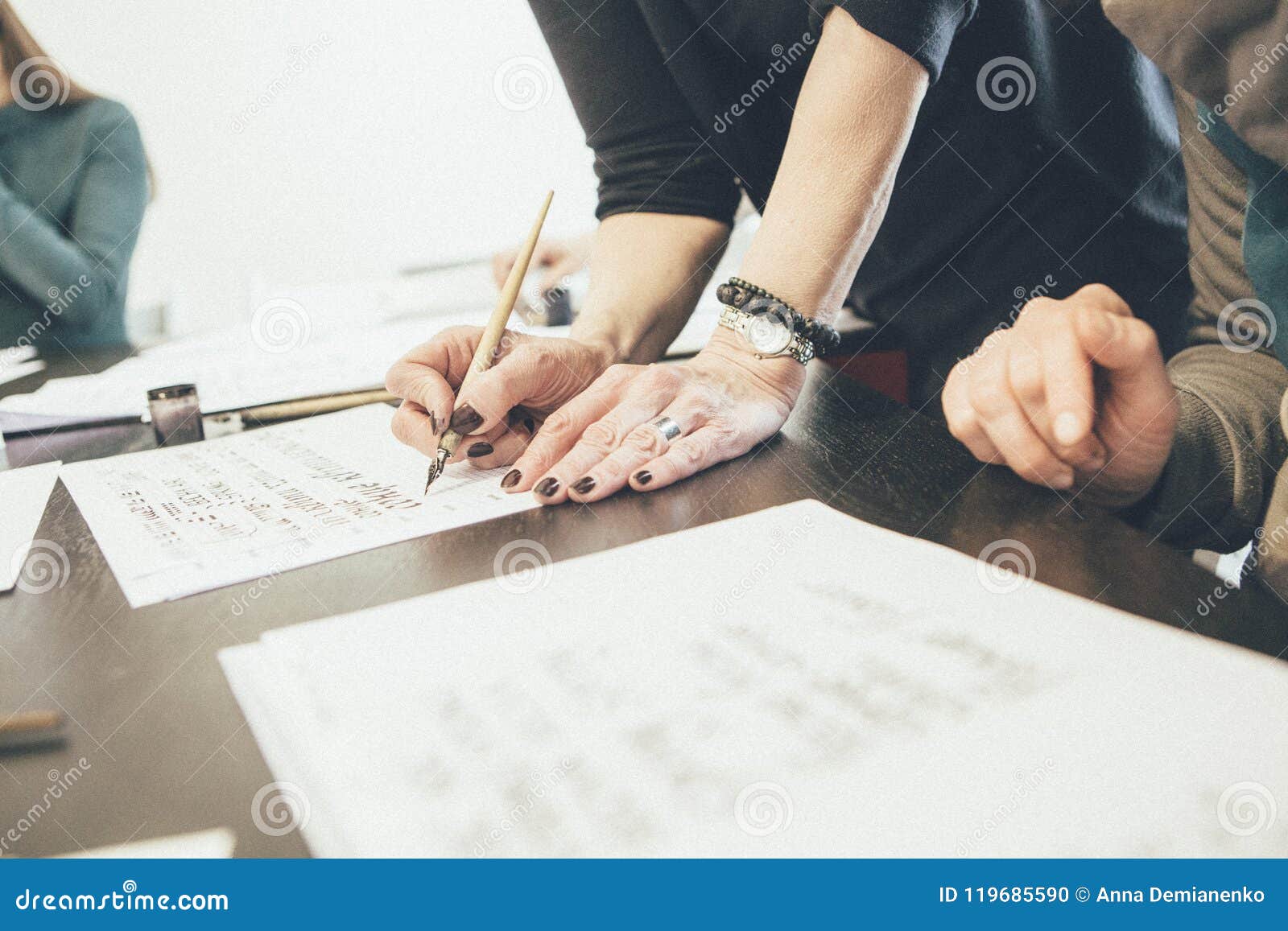 Woman Learning Lettering with Brushes and Calligraphic Pen on a Stock ...