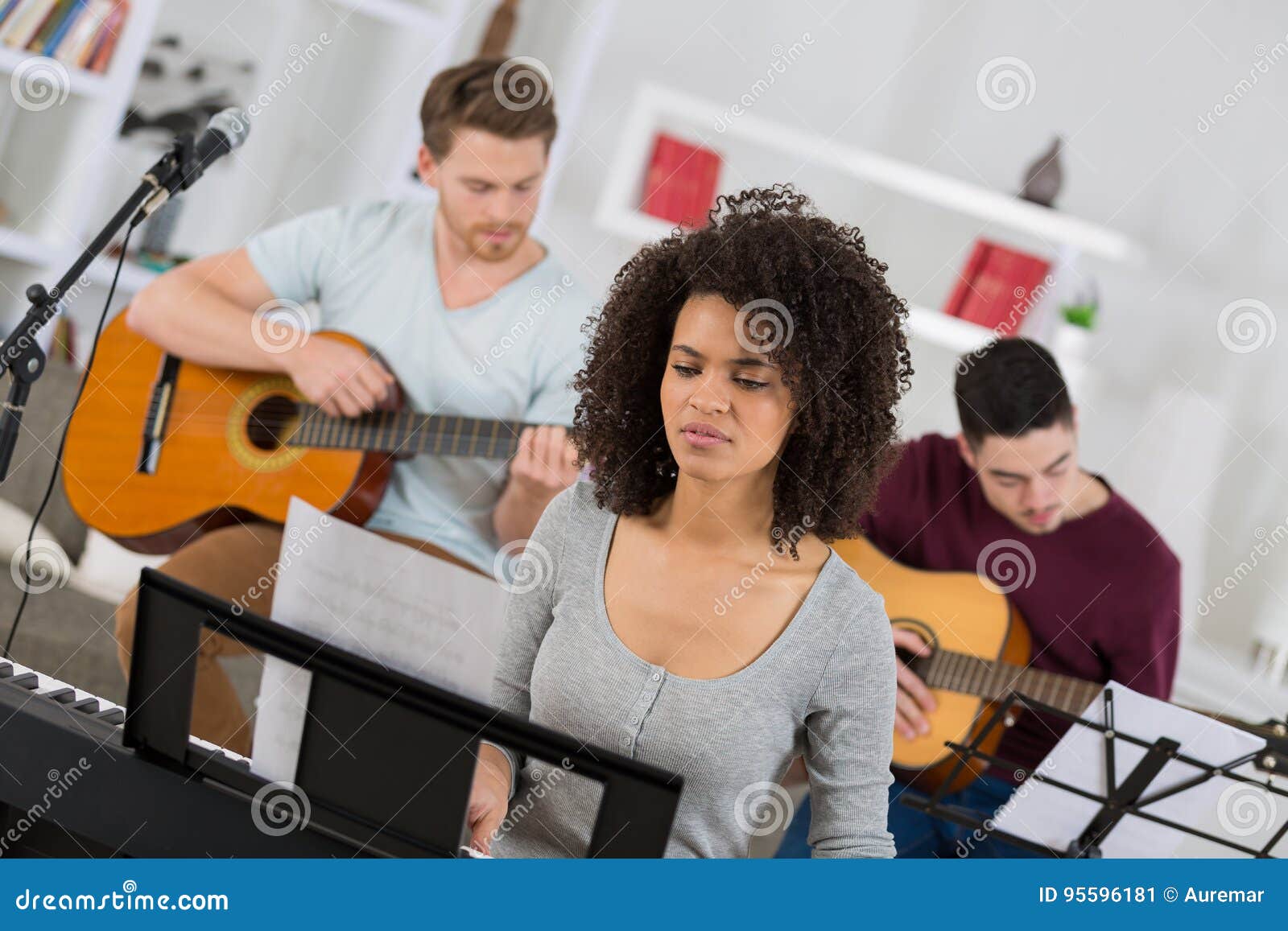 Woman Learning Music Instrument with Friends Stock Image - Image of ...
