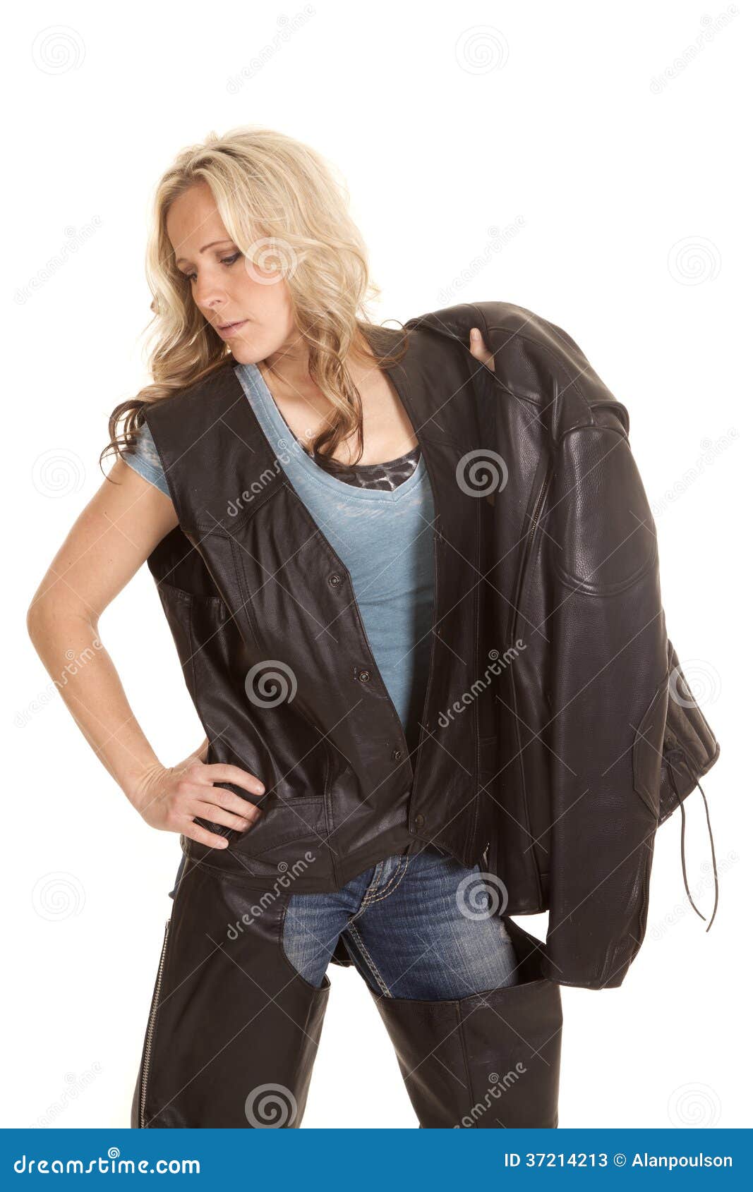 Woman Leather Vest Hold Jacket on Shoulder Stock Image - Image of ...