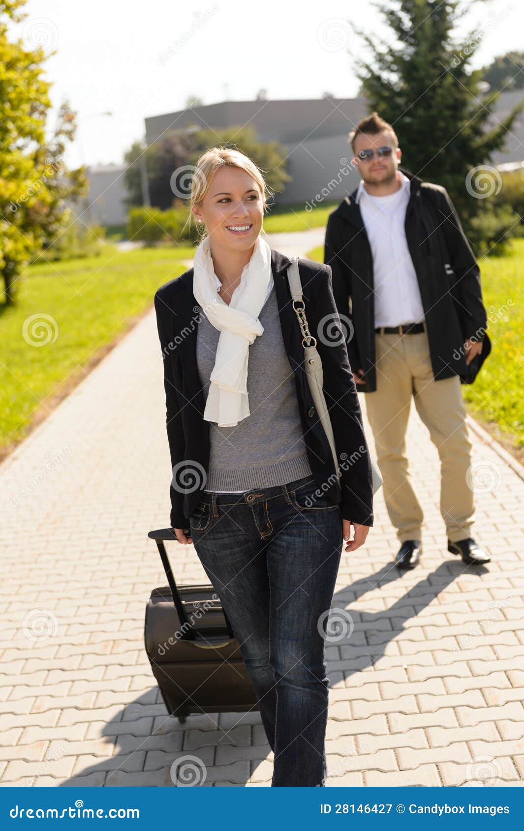 Woman Leaving with Baggage Man Walk Behind Stock Image - Image of ...