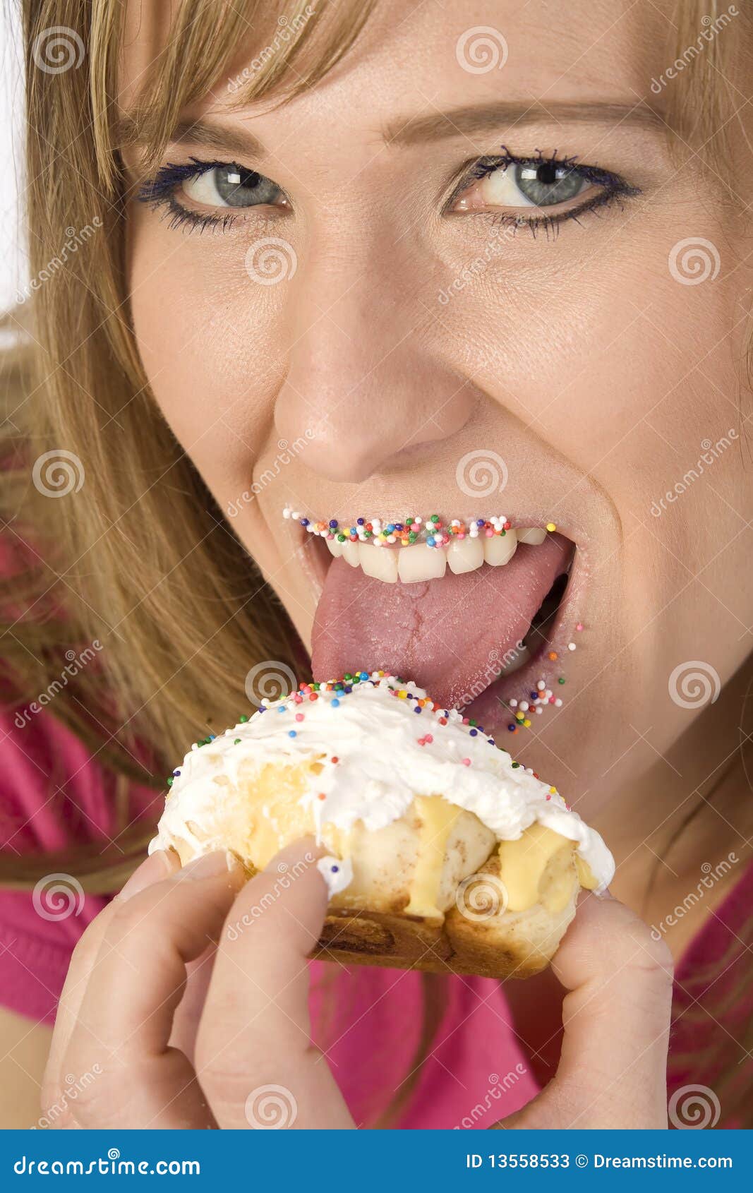 Woman Licking Icing on Pastry Stock Image - Image of background, pink ...