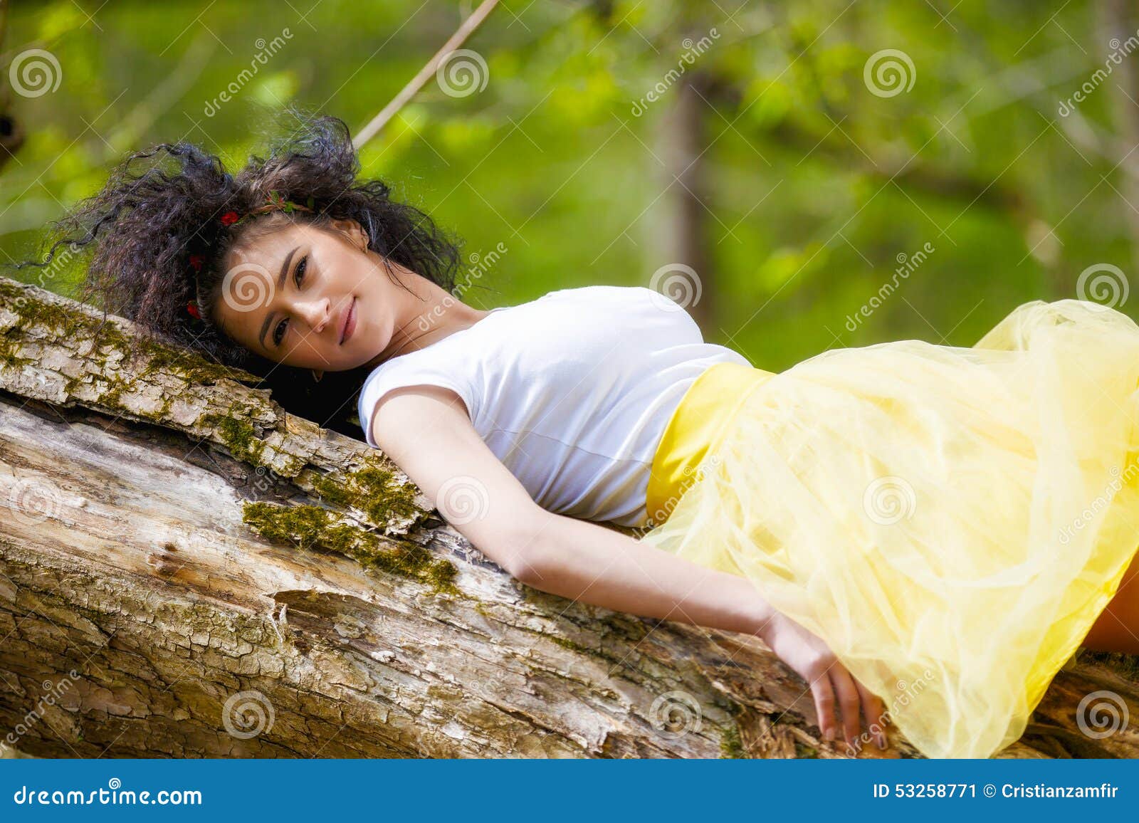 Woman lies on a tree stock image. Image of happy, natural - 53258771