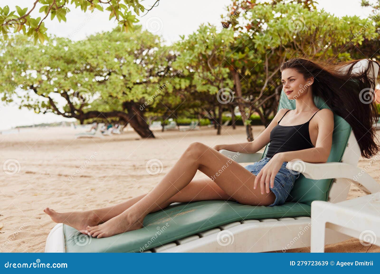 Woman Lifestyle Sand Smiling Female Lying Beach Resort Sea Sunbed Ocean