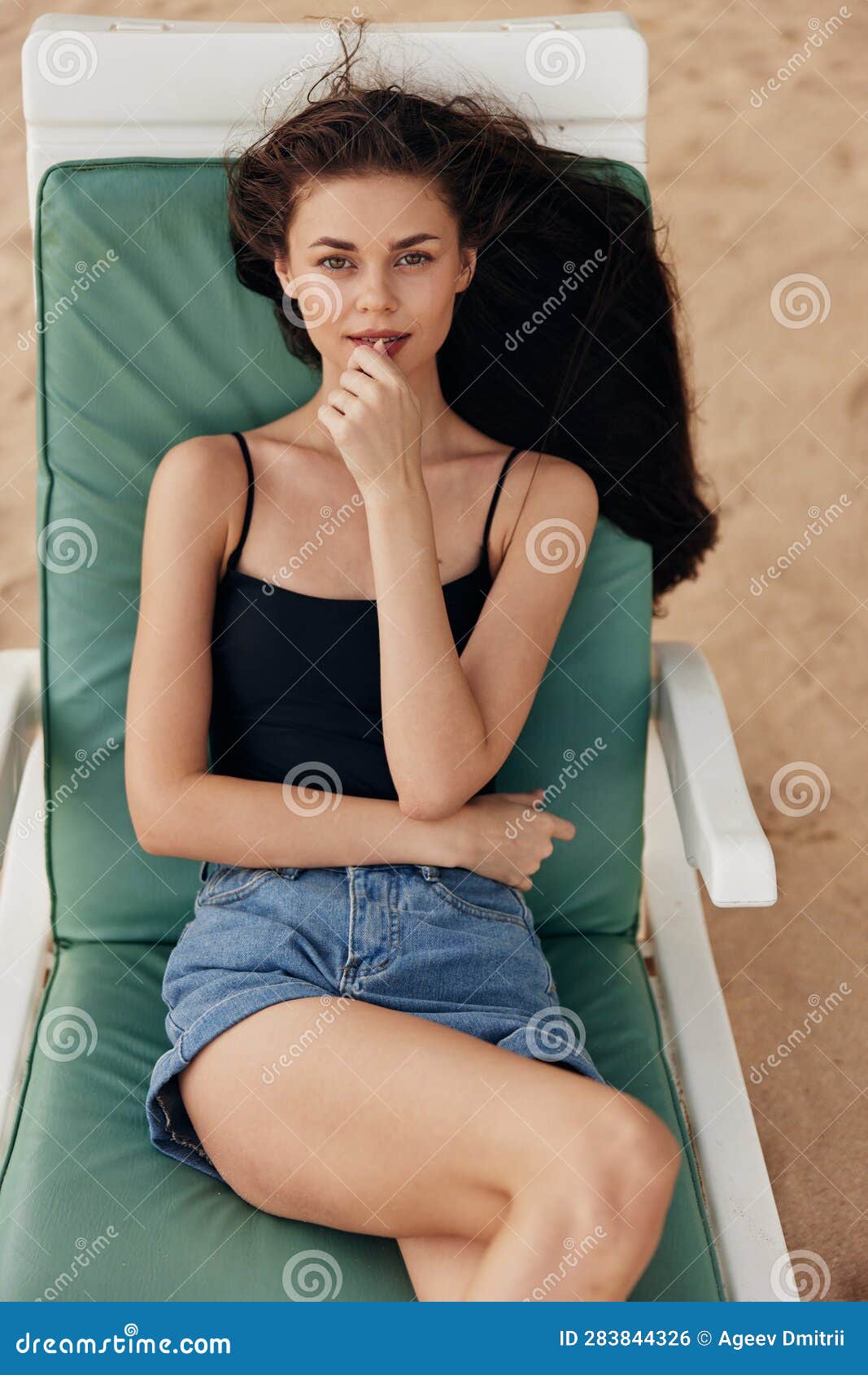 Woman Lifestyle Sunbed Beach Young Smiling Lying Ocean Sand Sea Resort