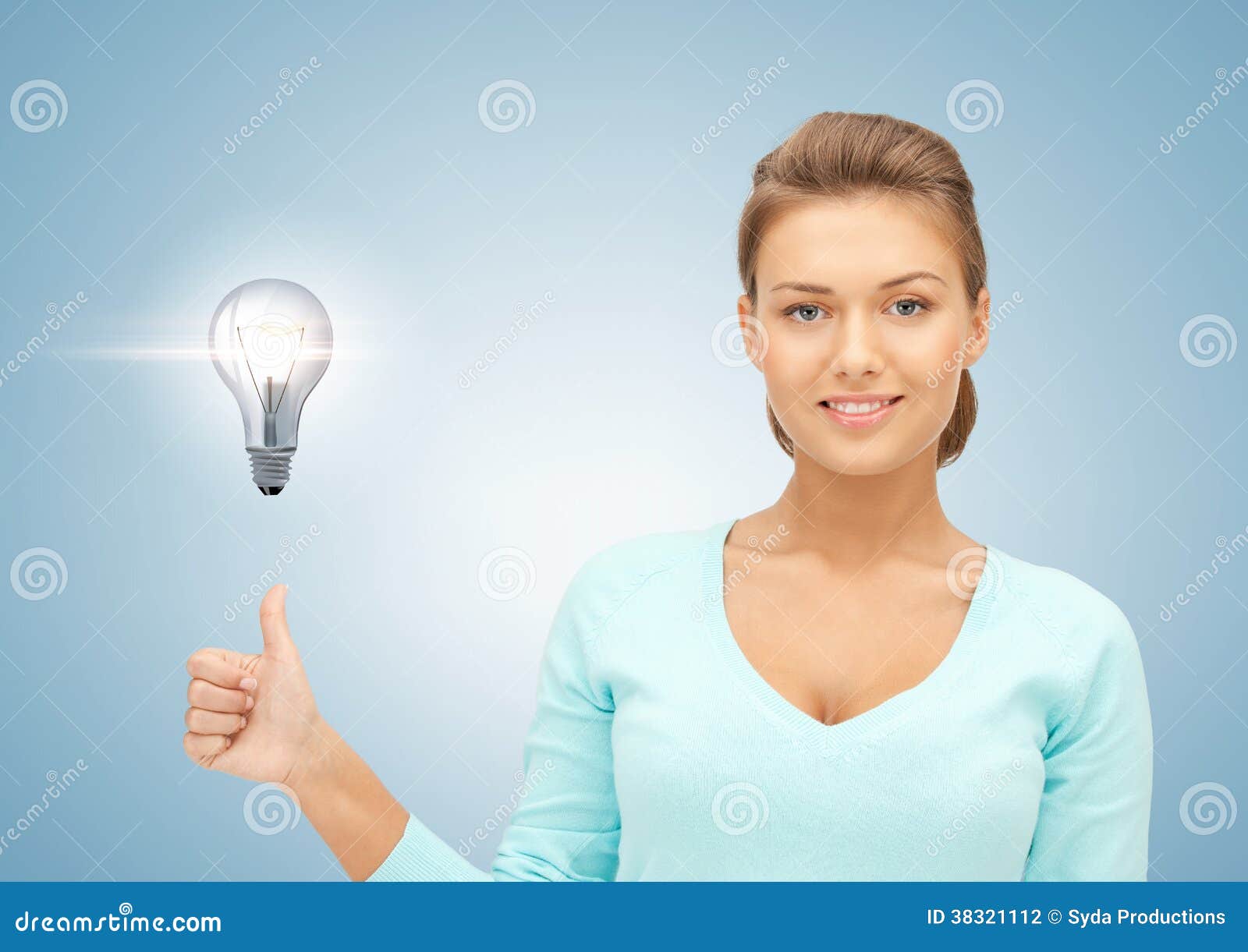 Woman with Light Bulb Showing Thumbs Up Stock Photo - Image of girl ...