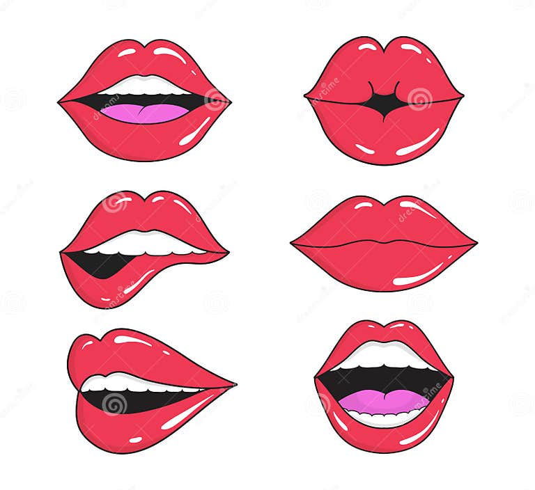 Woman Lips With Smile Kiss Mouths Collection Of Girl Retro Style For Comic Book Female Open