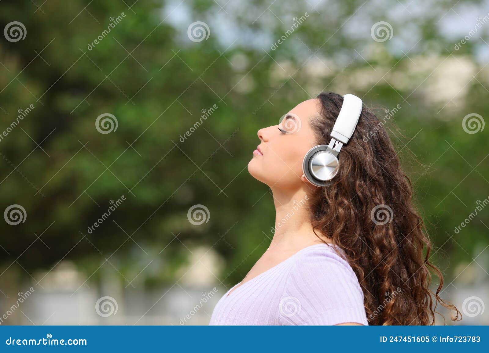 Woman Listening Audiobook Meditating In A Park Stock Image Image Of
