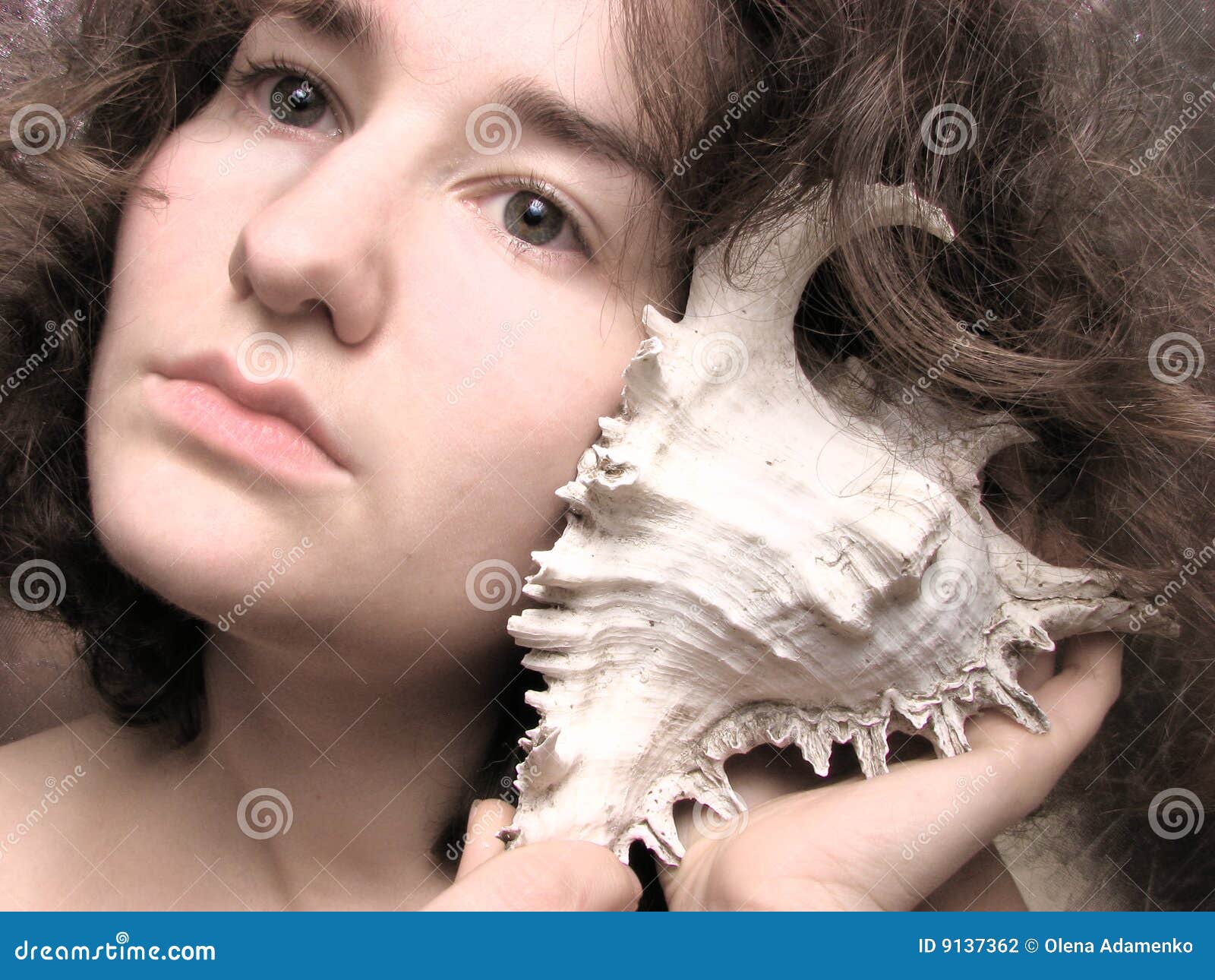 Woman Listening To the Seashell Stock Photo - Image of sunny ...