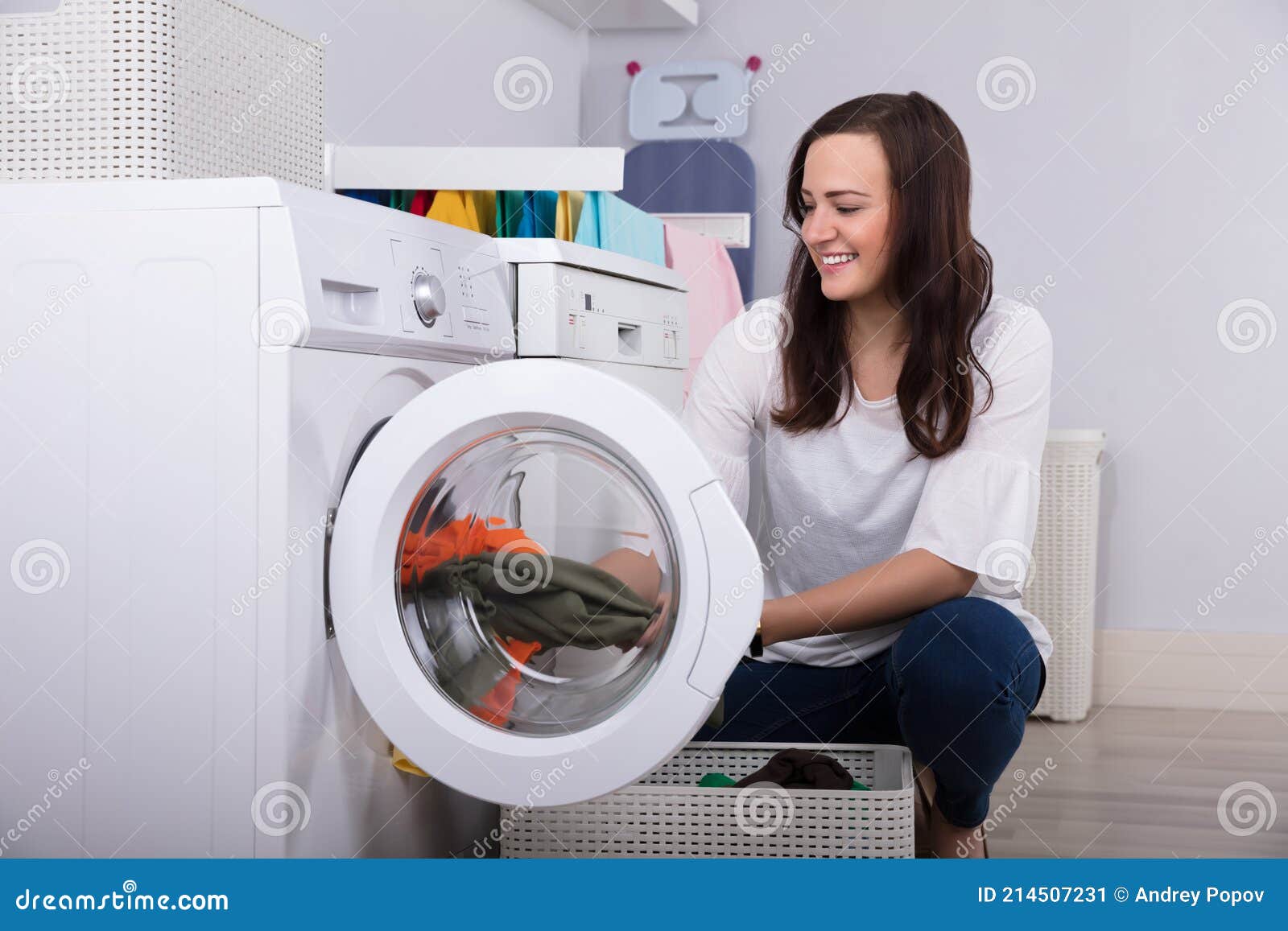 Woman Loading Clothes in Washing Machine Stock Image - Image of hygiene ...