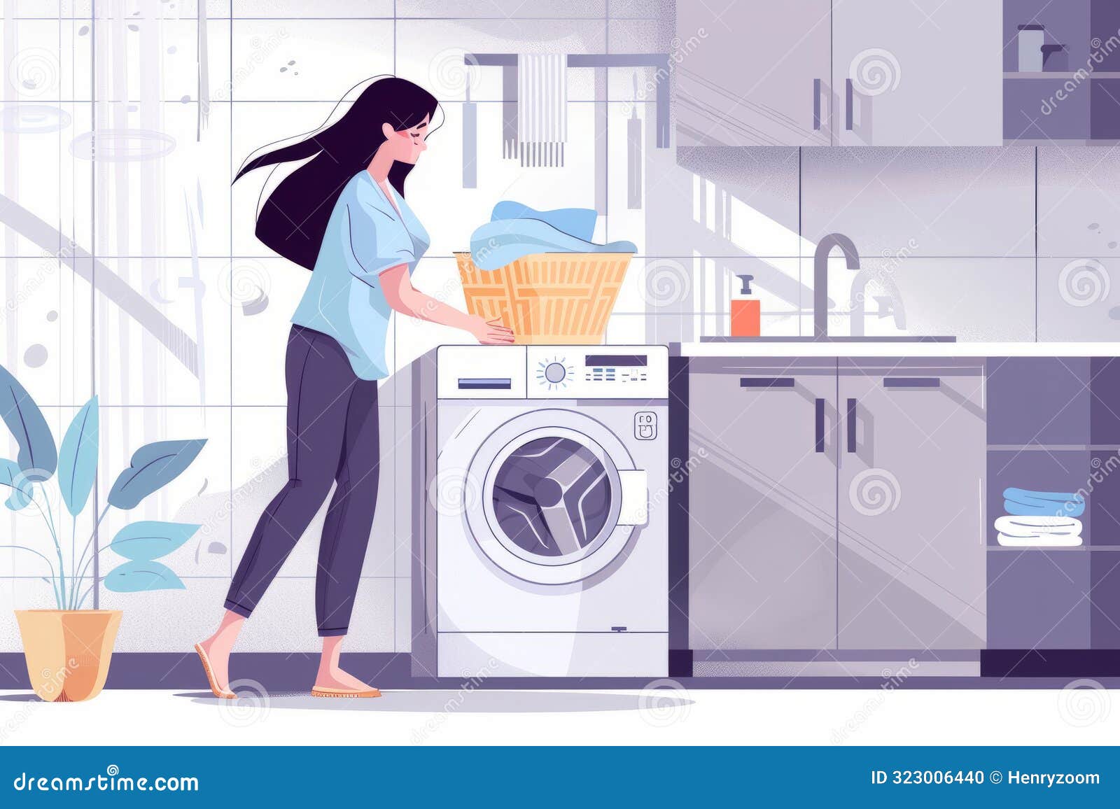 A Woman is Loading the Washing Machine with Laundry, Adding Garments ...