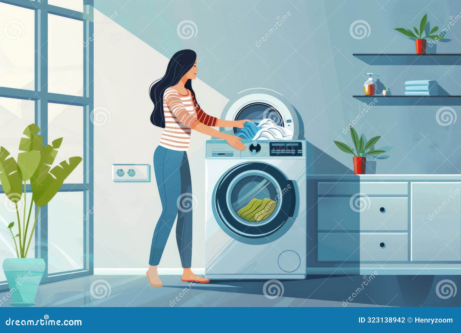 A Woman is Loading the Washing Machine with Laundry, Adding Garments ...