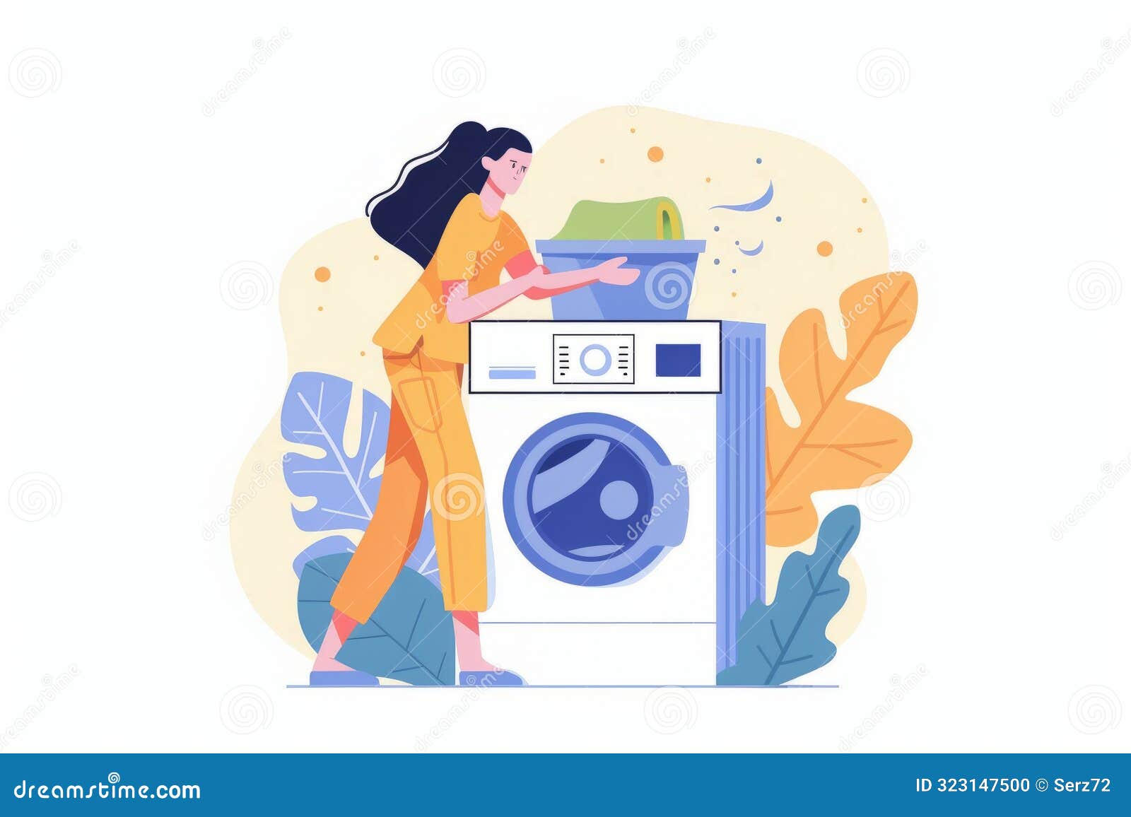 A Woman is Loading the Washing Machine with Laundry, Adding Garments ...