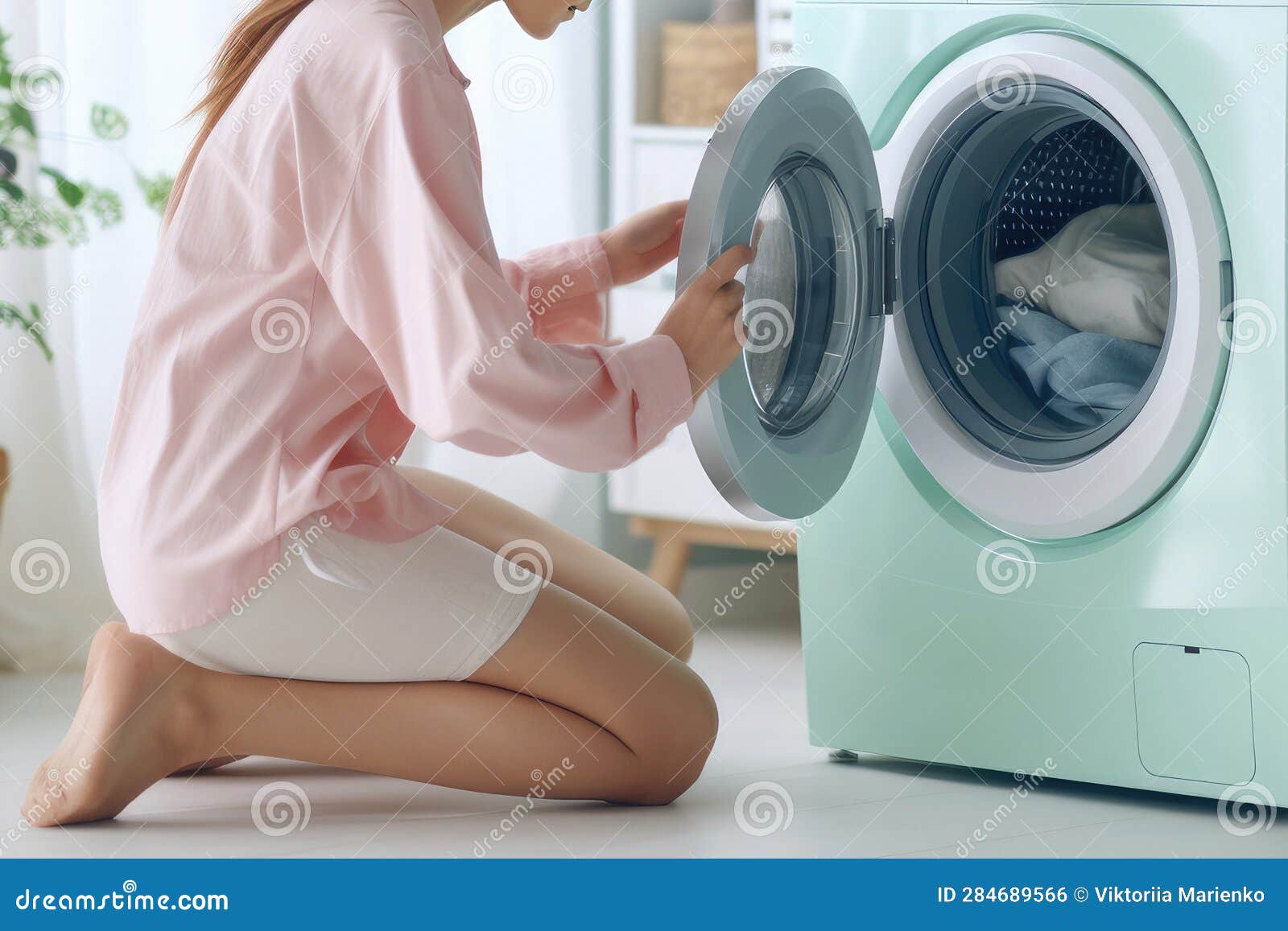 A Woman Loads a Washing Machine Stock Illustration - Illustration of ...