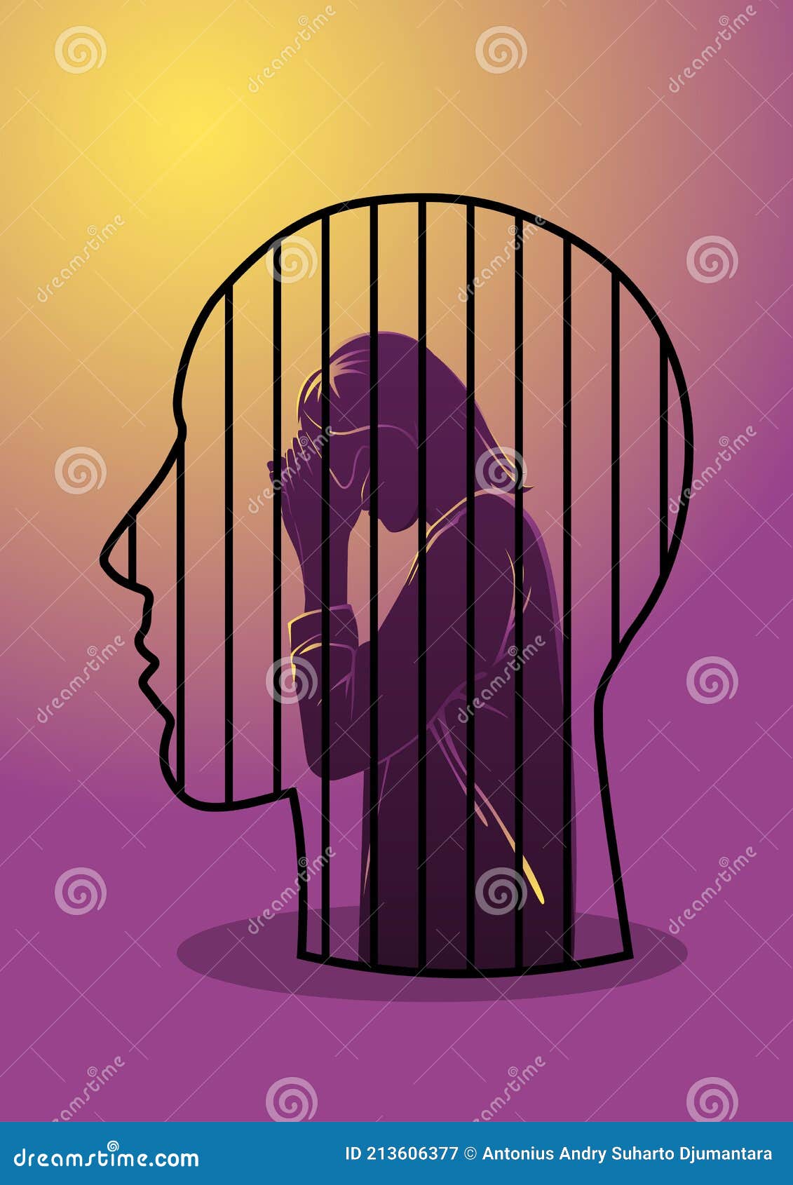 Woman Locked In Cage. Unhappy Female Character Sitting On Floor And ...