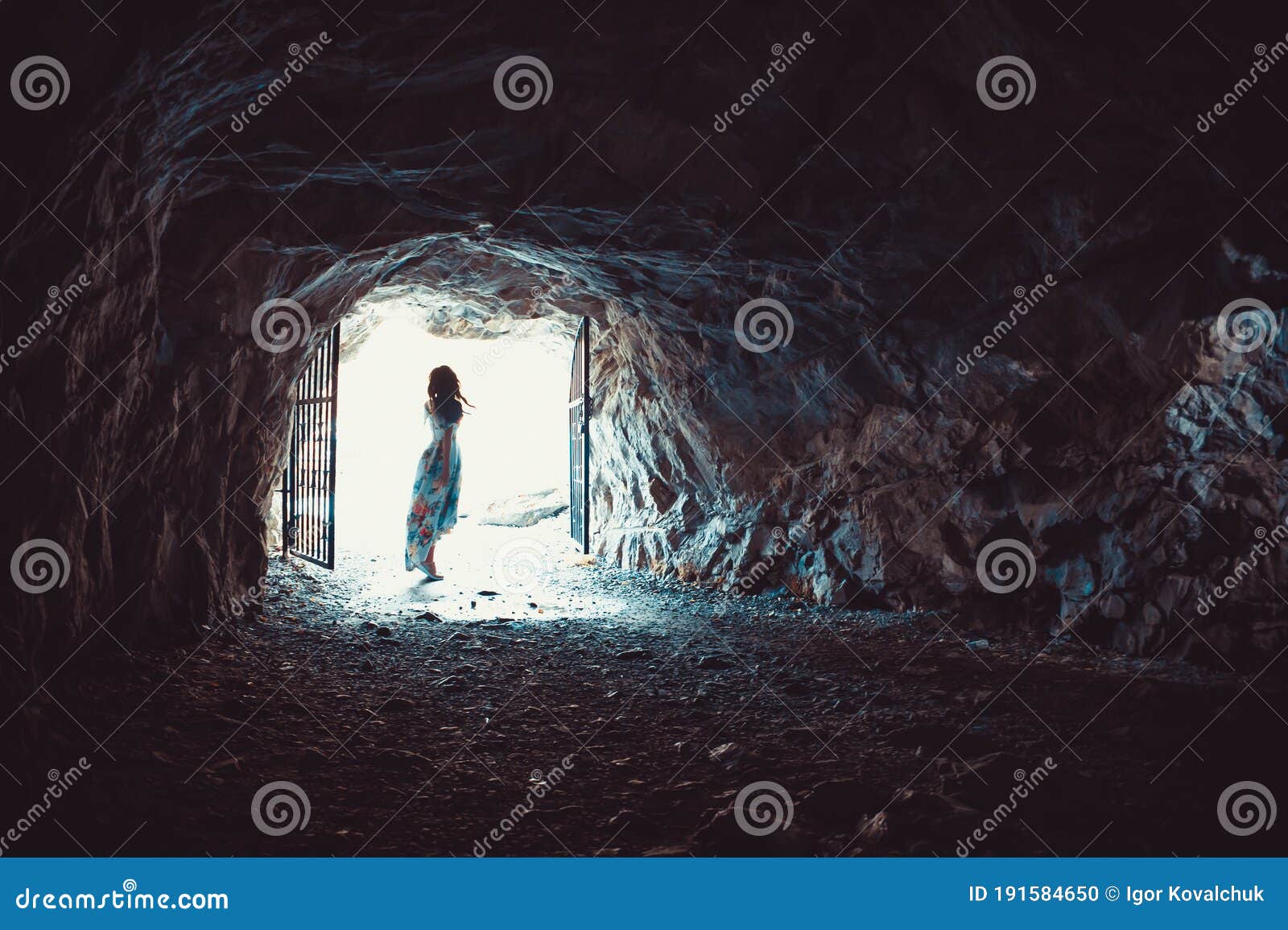 Woman in Long Dress Standing in Cave Stock Photo - Image of freedom ...