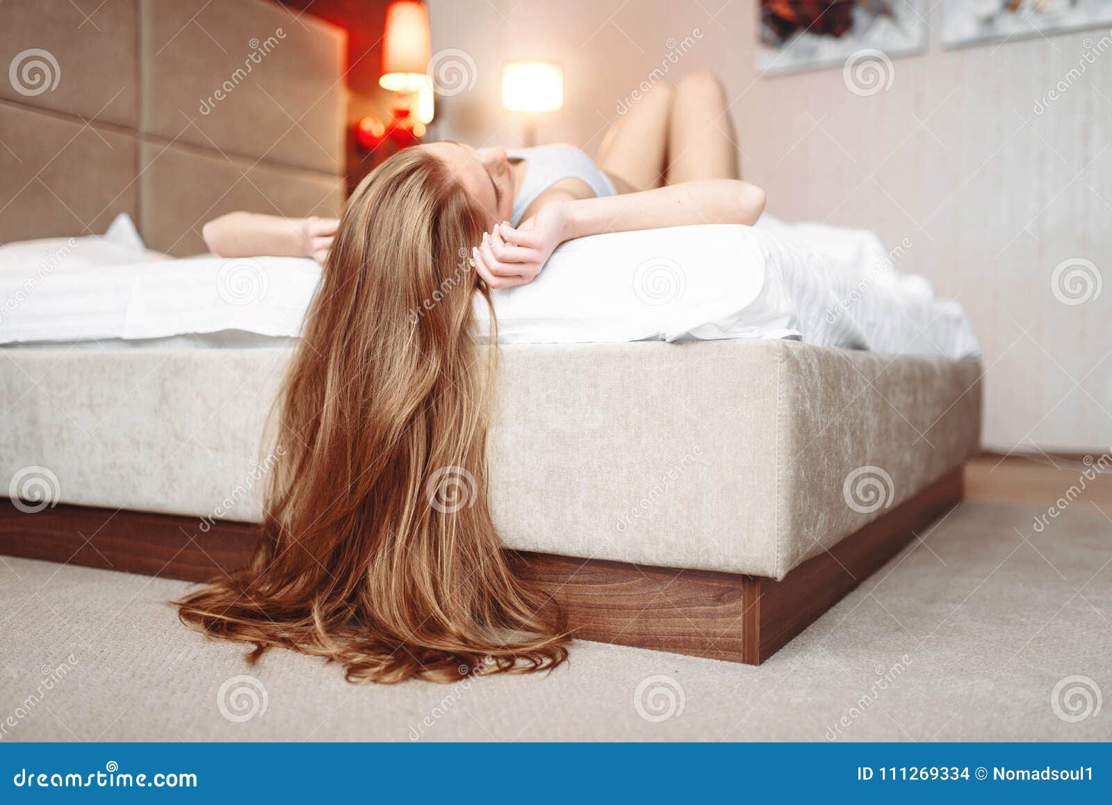 Woman with Long Hair Lies in Bed, Waking Up Stock Photo - Image of ... Woman with Long Hair Lies in Bed, Waking Up Stock Photo - Image of ...