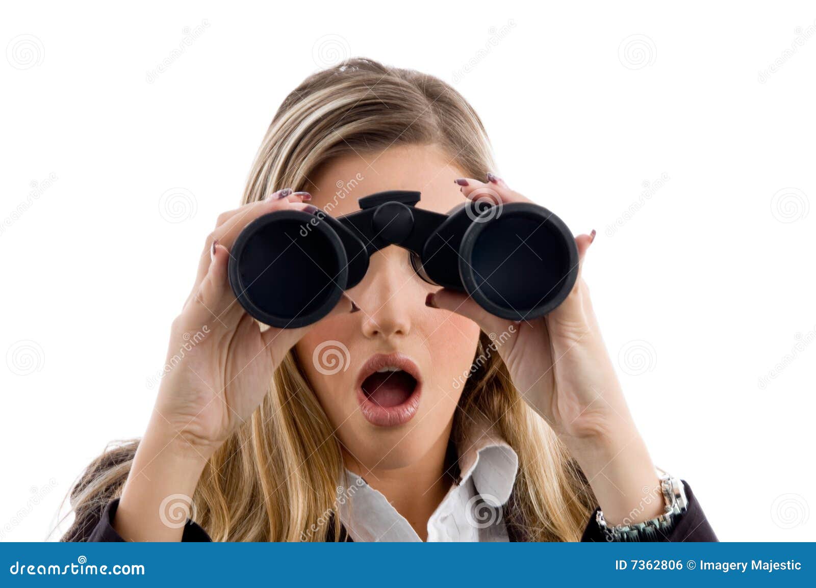 Woman Looking through Binocular Stock Photo - Image of posing ...