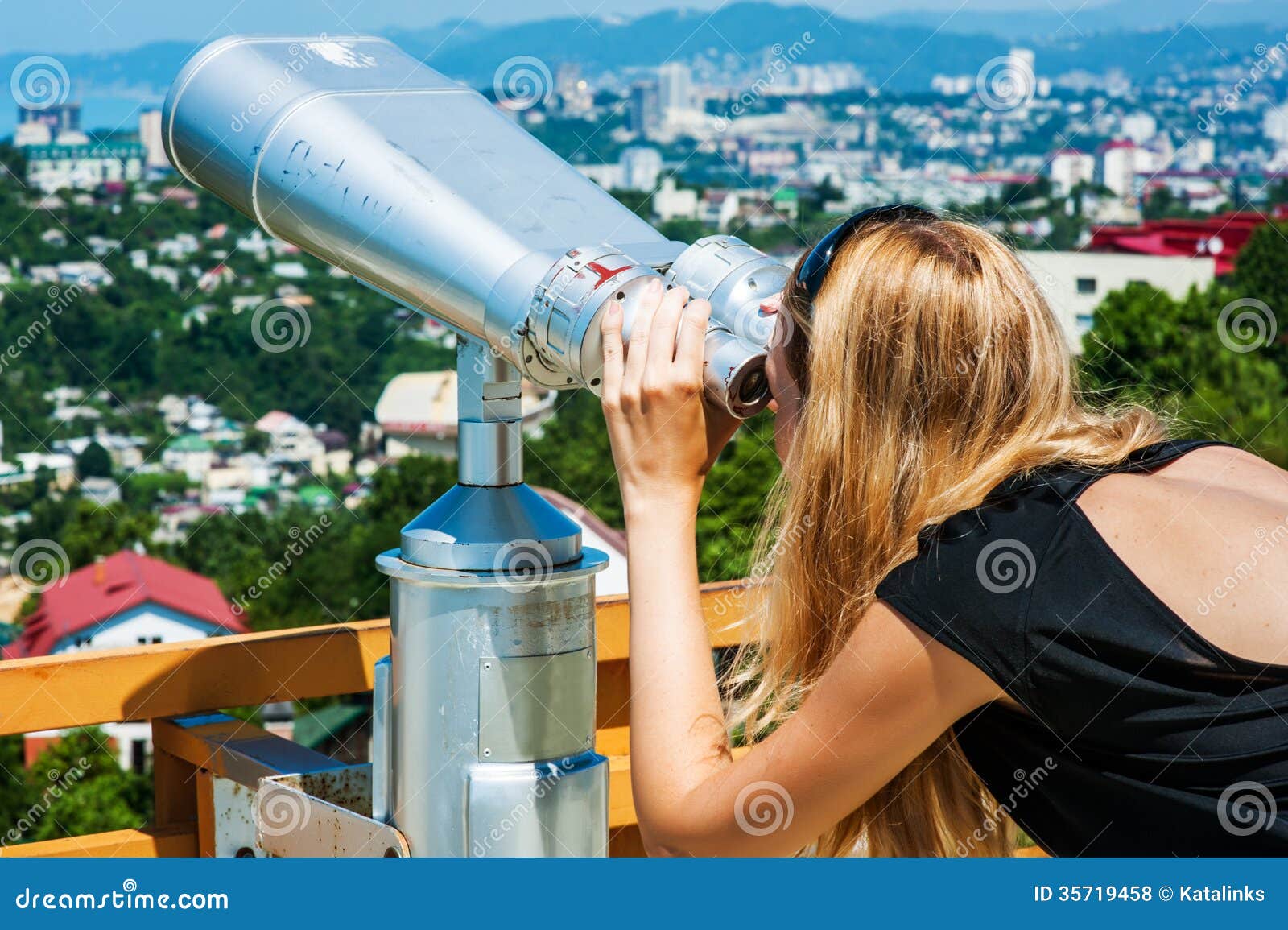 Woman Looking through Binoculars at the Seascape Stock Photo - Image of ...