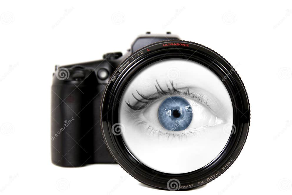 Woman Looking through a Camera Lens Stock Photo - Image of digital ...