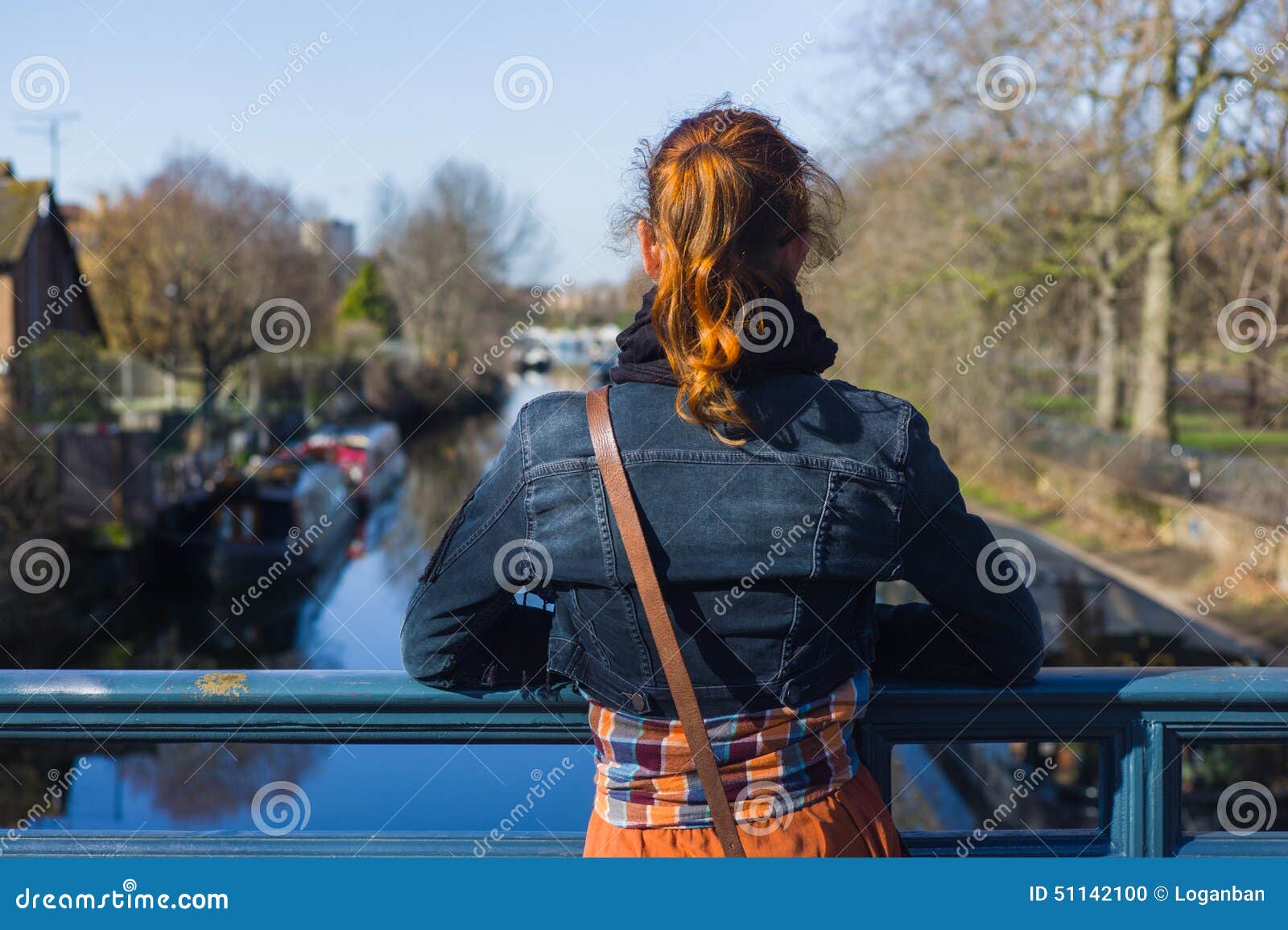 Woman Looking at Canal from Bridge Stock Photo - Image of winter, sunny ...