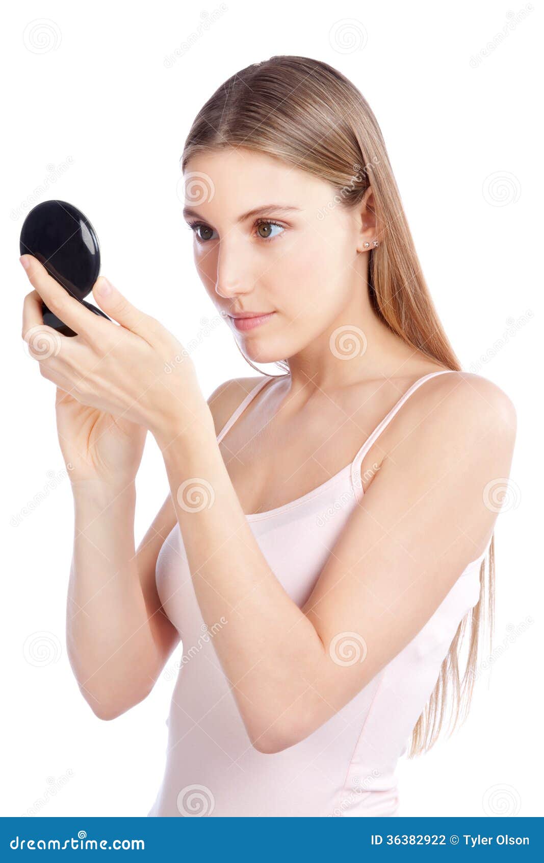 Woman Looking at Compact Mirror Stock Photo - Image of hold, healthy ...