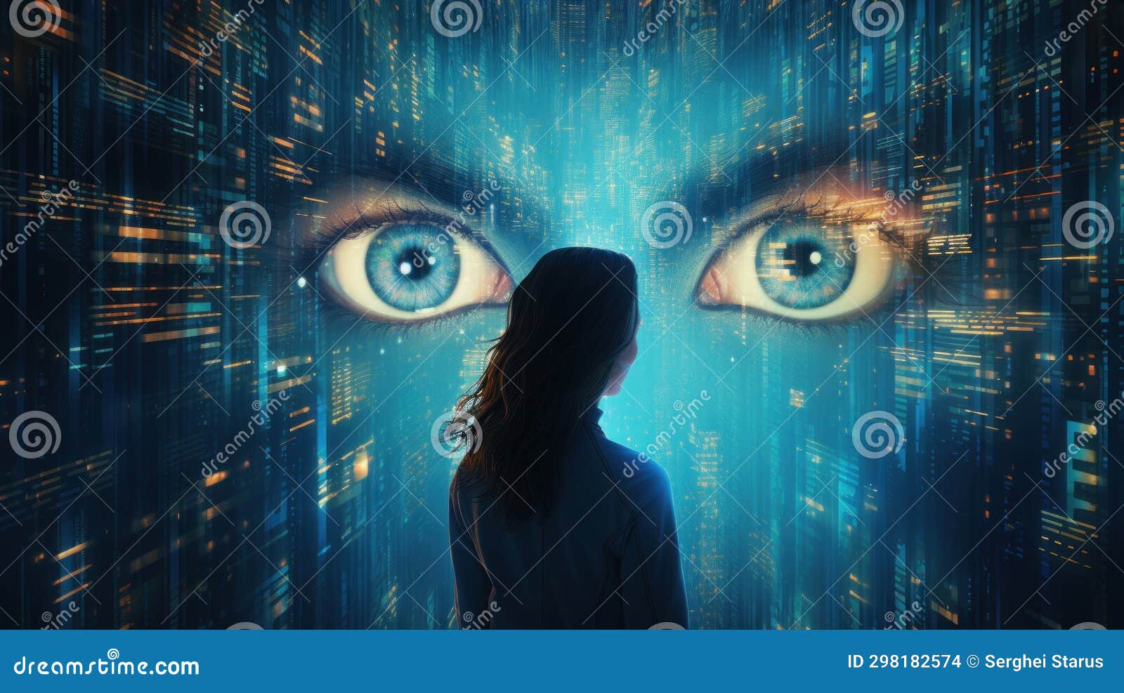 A Woman Looking at a Computer Screen with Blue Eyes, AI Stock ...