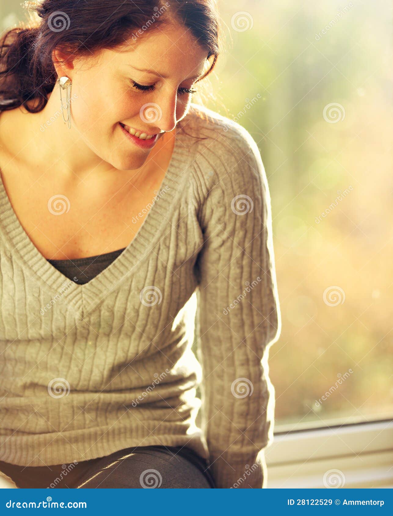 Woman Looking Down and Thinking Happy Thoughts Stock Image - Image of ...