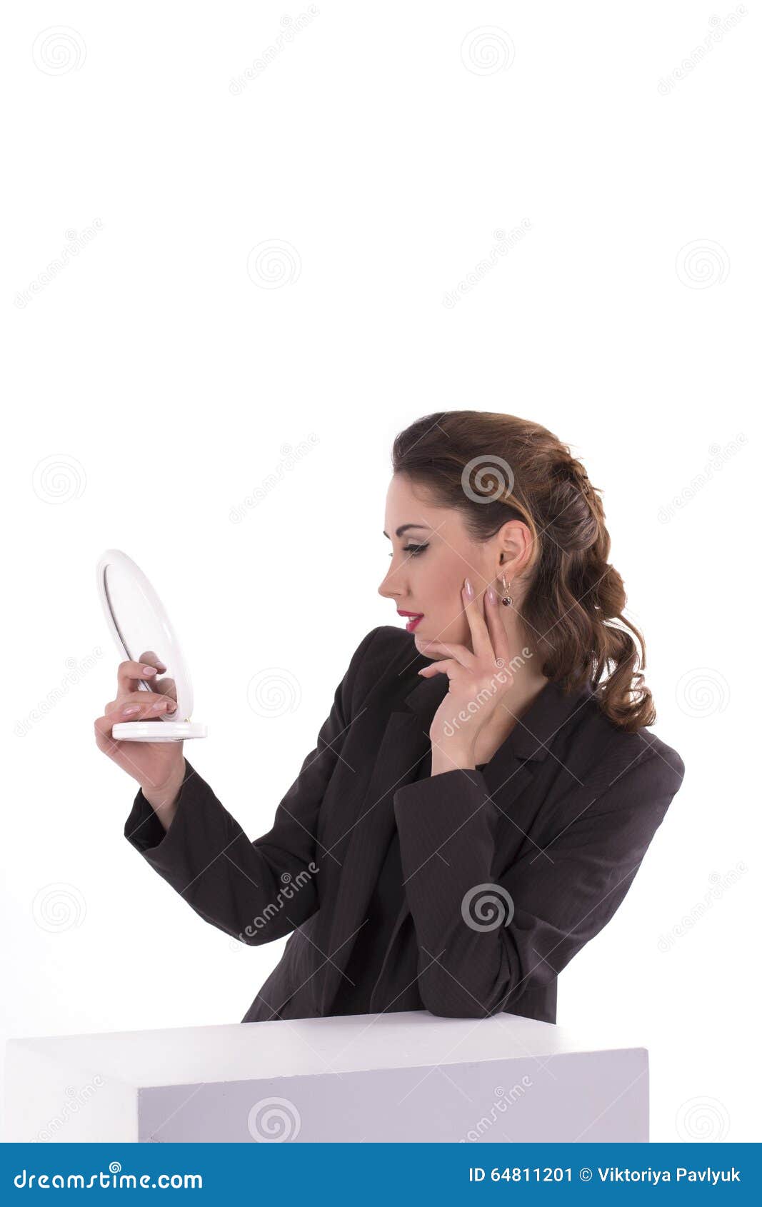 Woman Looking in a Hand Mirror Stock Image - Image of caucasian, work ...