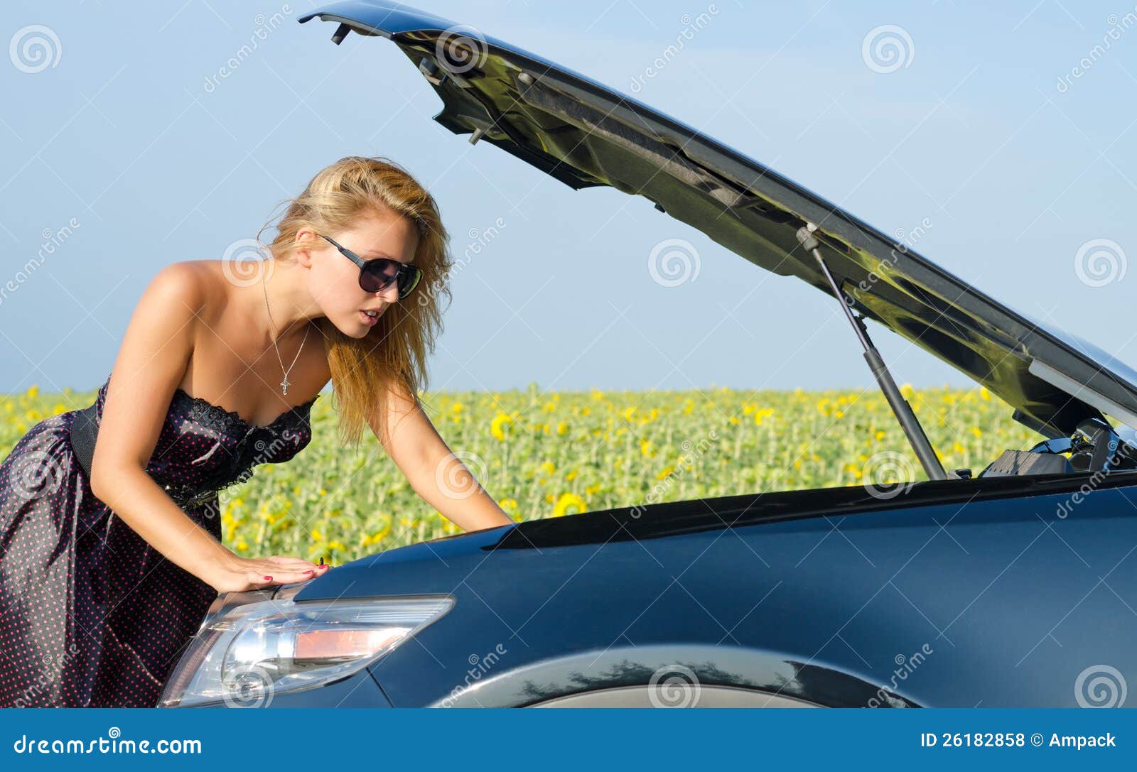 Woman Looking at Her Car Engine Stock Photo - Image of outdoors ...