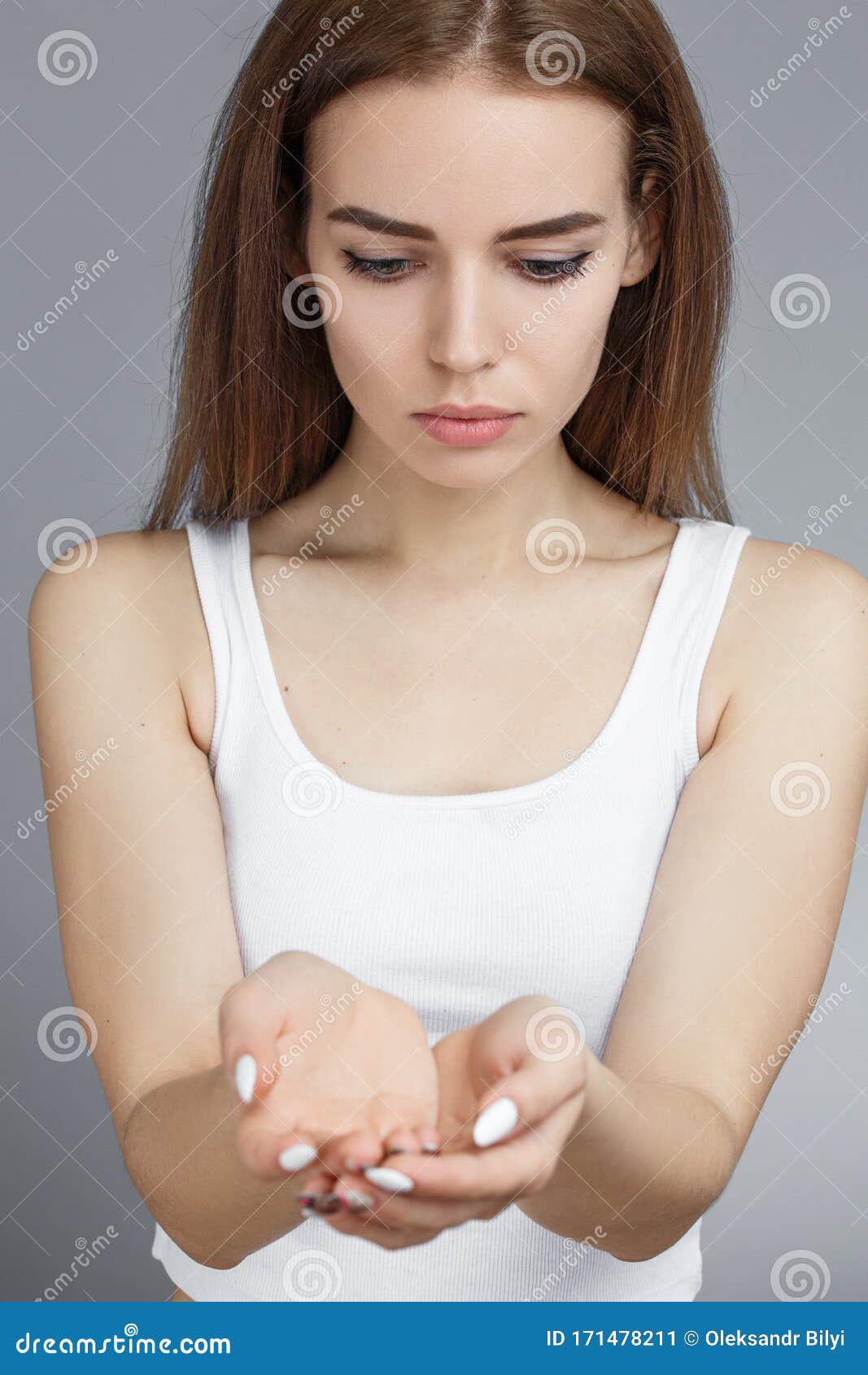 Woman Looking On Her Hands Holding Something Stock Image Image Of