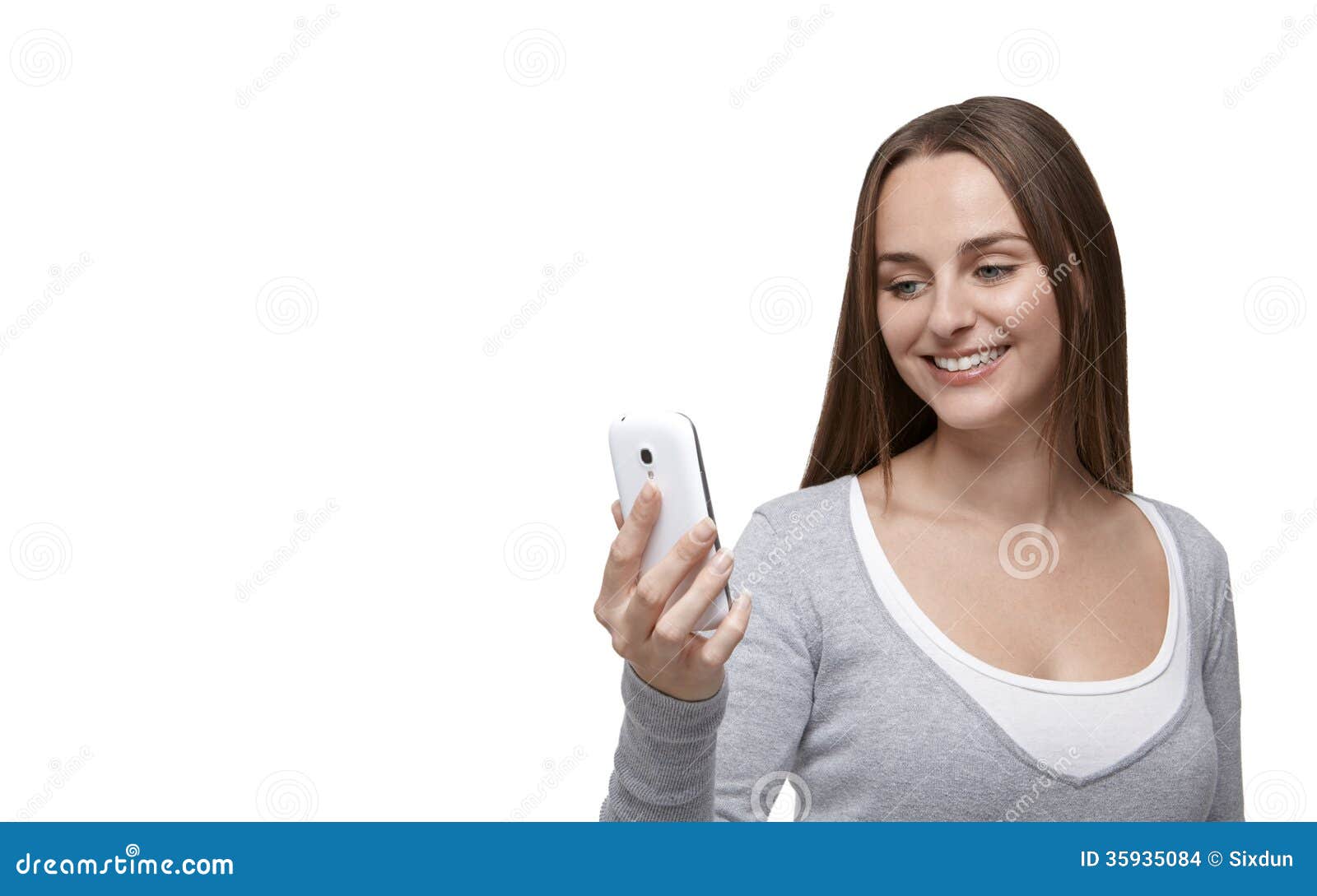 Woman Looking at Her Mobile Phone Stock Photo - Image of joyful ...