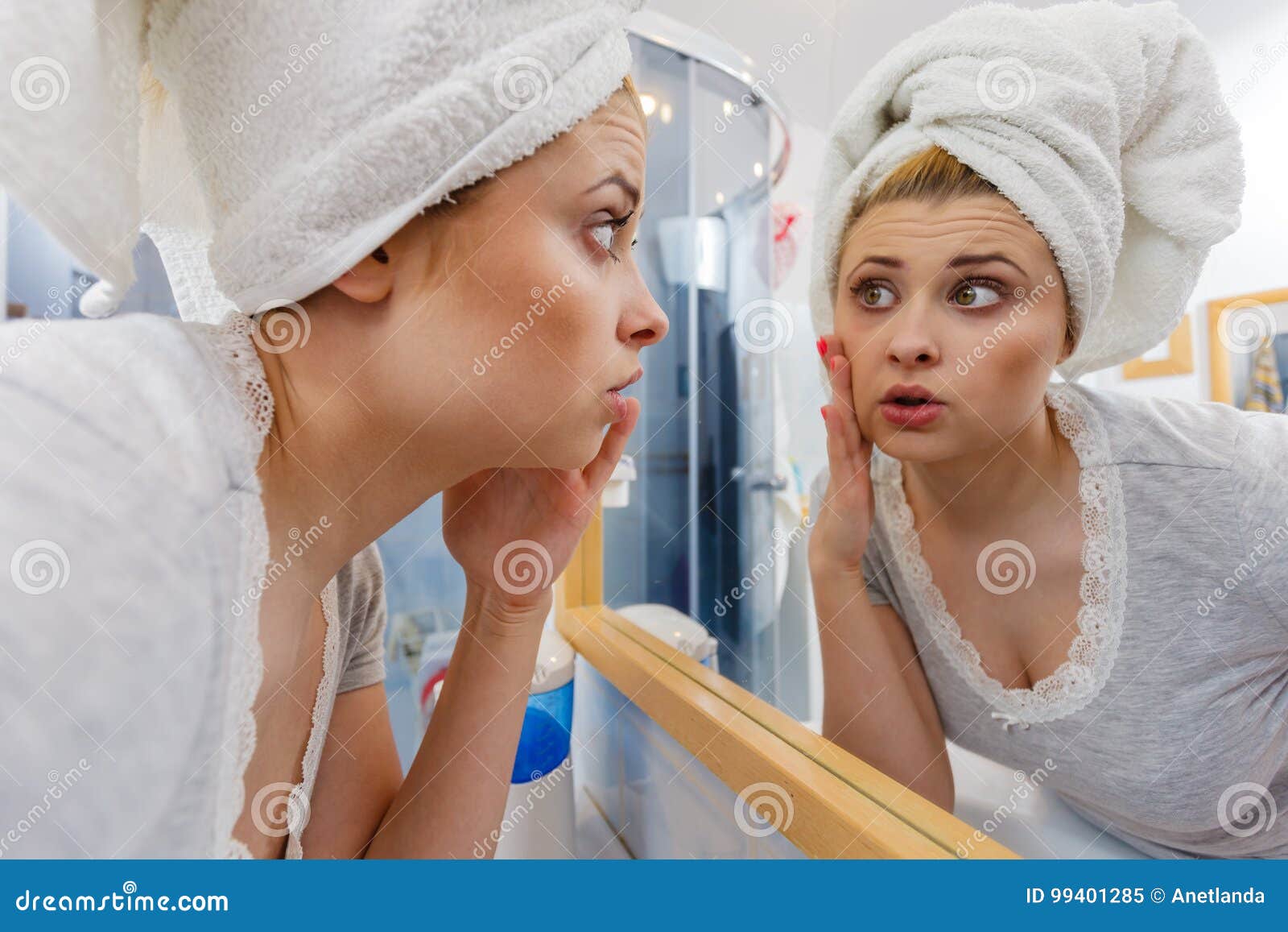 Woman Looking at Her Reflection in Mirror Stock Image - Image of ...