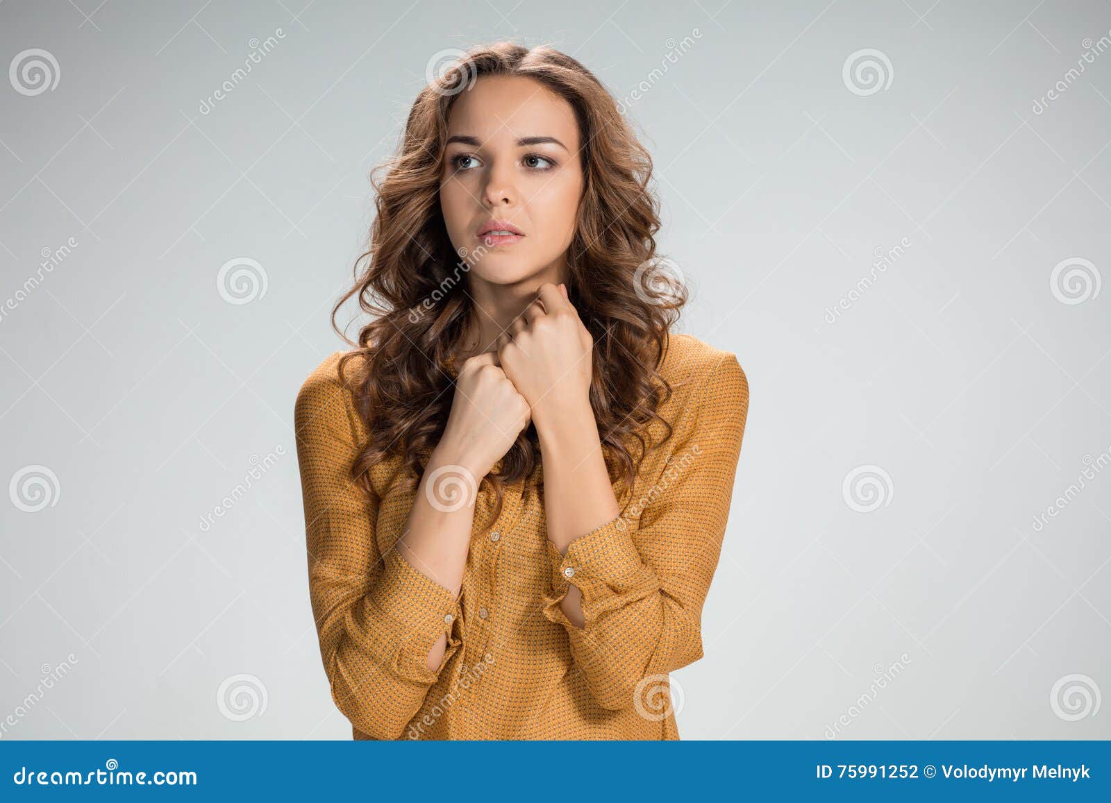 Woman is Looking Imploring Over Gray Background Stock Photo - Image of ...