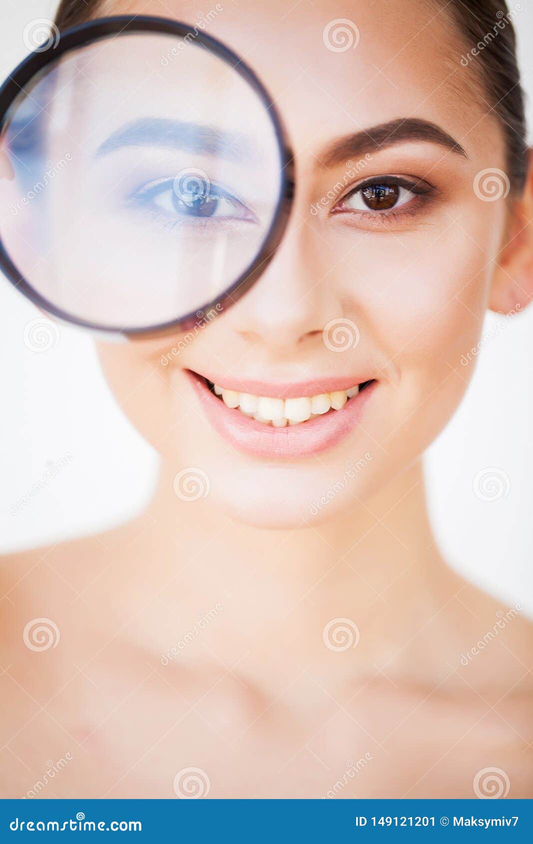 Woman Looking through Magnifier and Smiling Close Up Stock Image ...