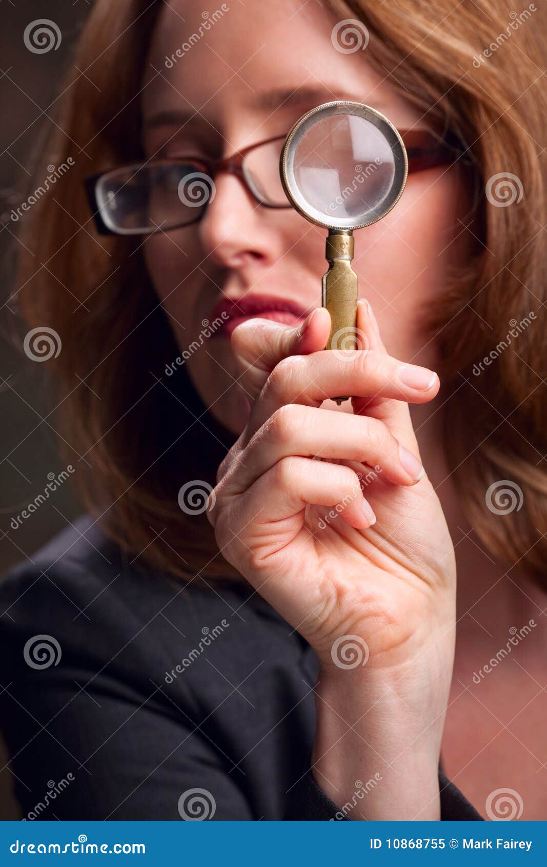 Woman Looking through Magnifying Glass Stock Image - Image of examining ...