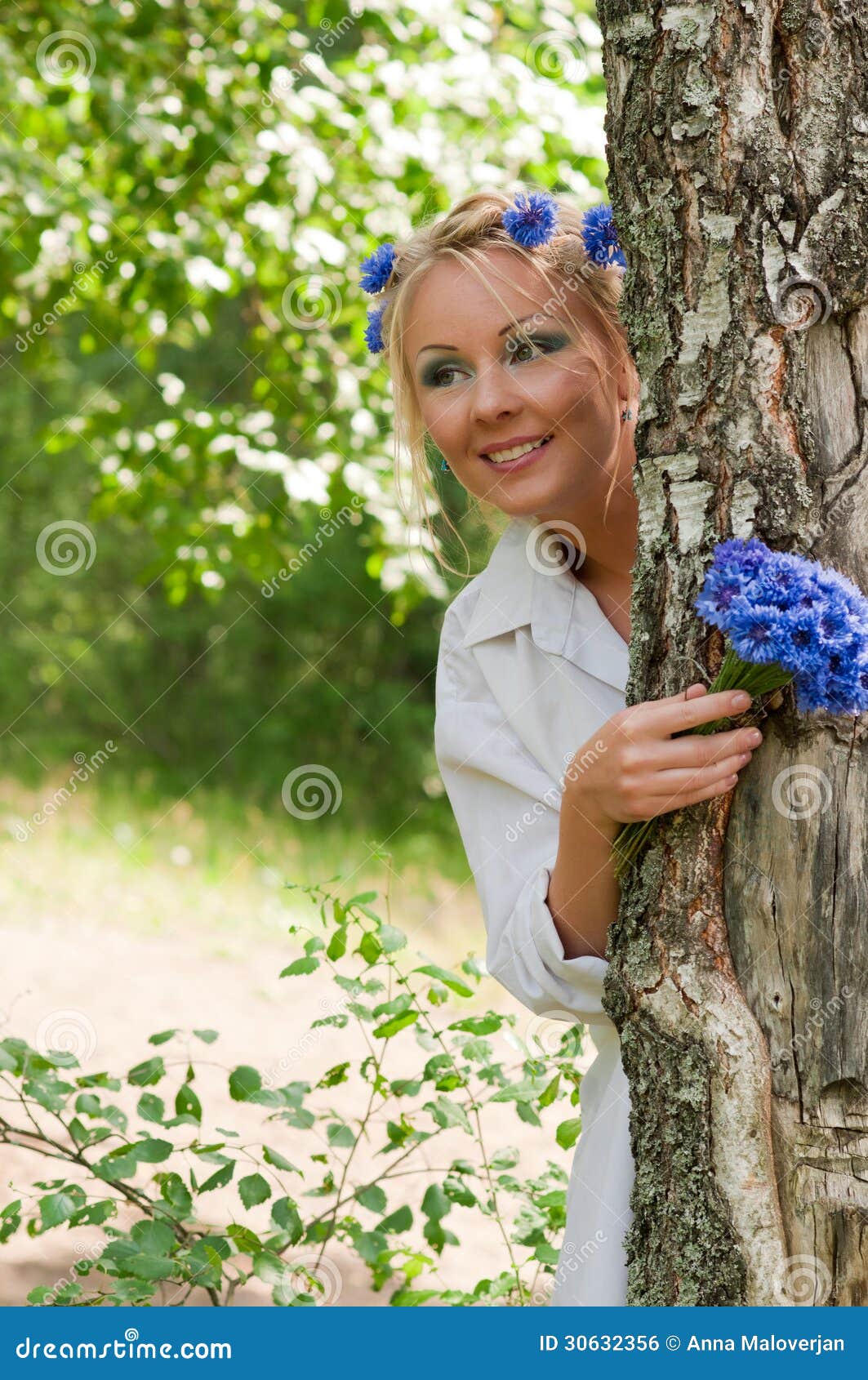 Woman Looking Out from Behind a Tree Stock Photo - Image of nature ...