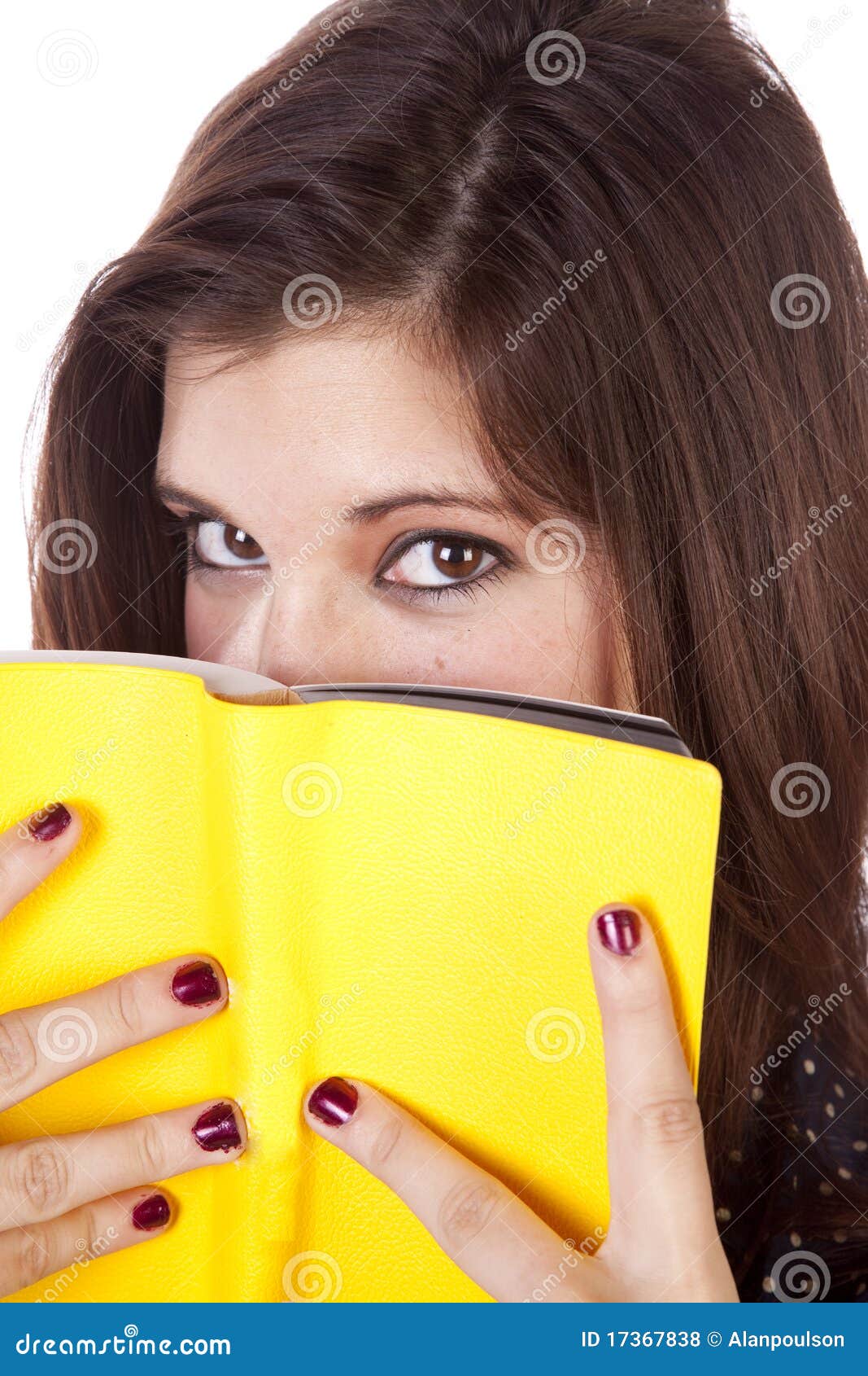 Woman Looking Over Yellow Book Stock Photo - Image of leisure ...