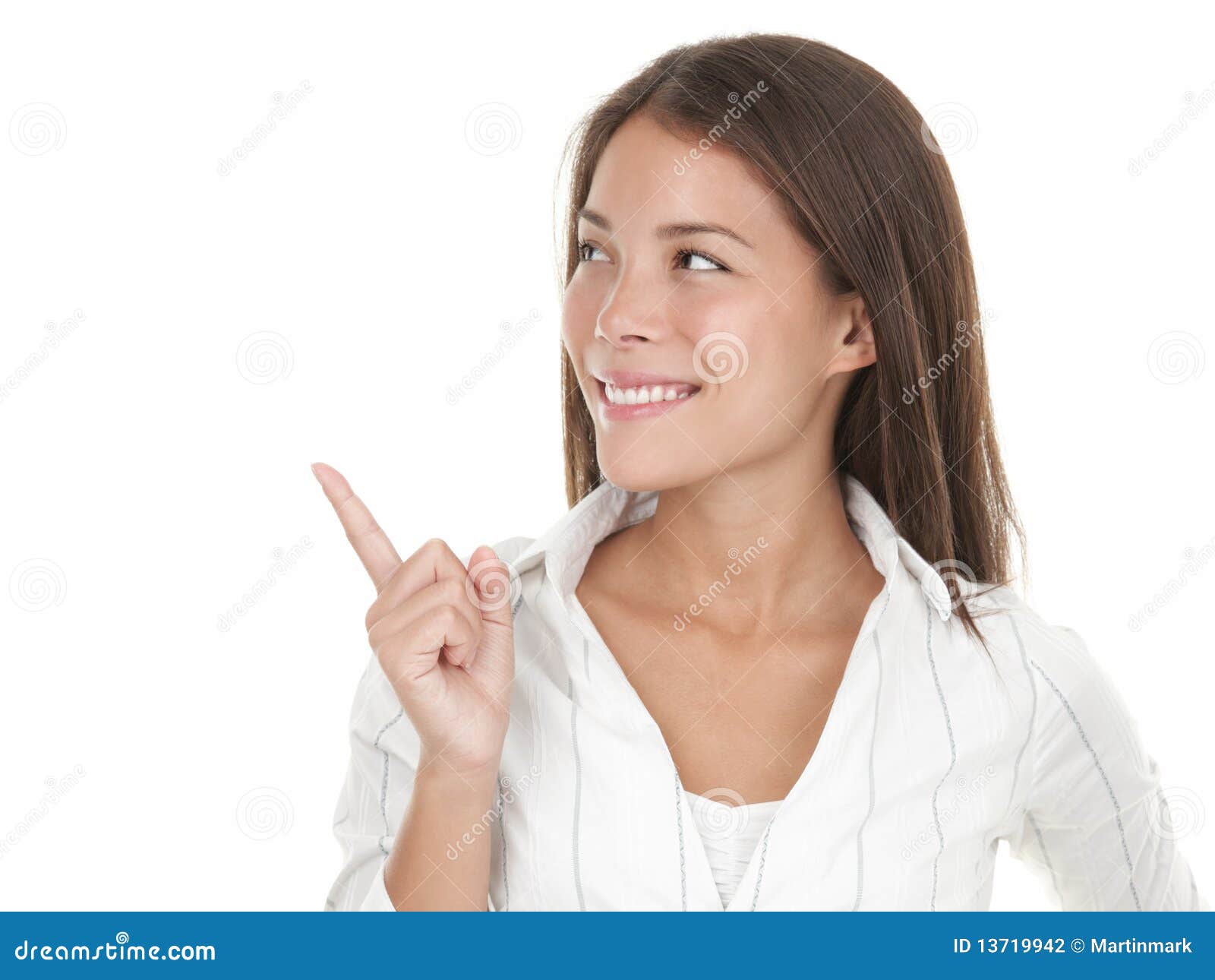 Woman Looking and Pointing at Copy Space Stock Photo - Image of closeup ...