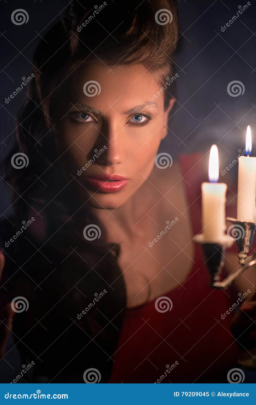 Woman Looking on Red Candles in the Fabulous Night Stock Image - Image ...