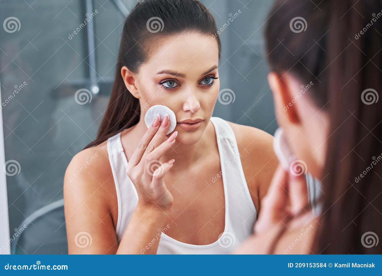 Woman Looking on Reflection in the Mirror after Shower Stock Photo ...