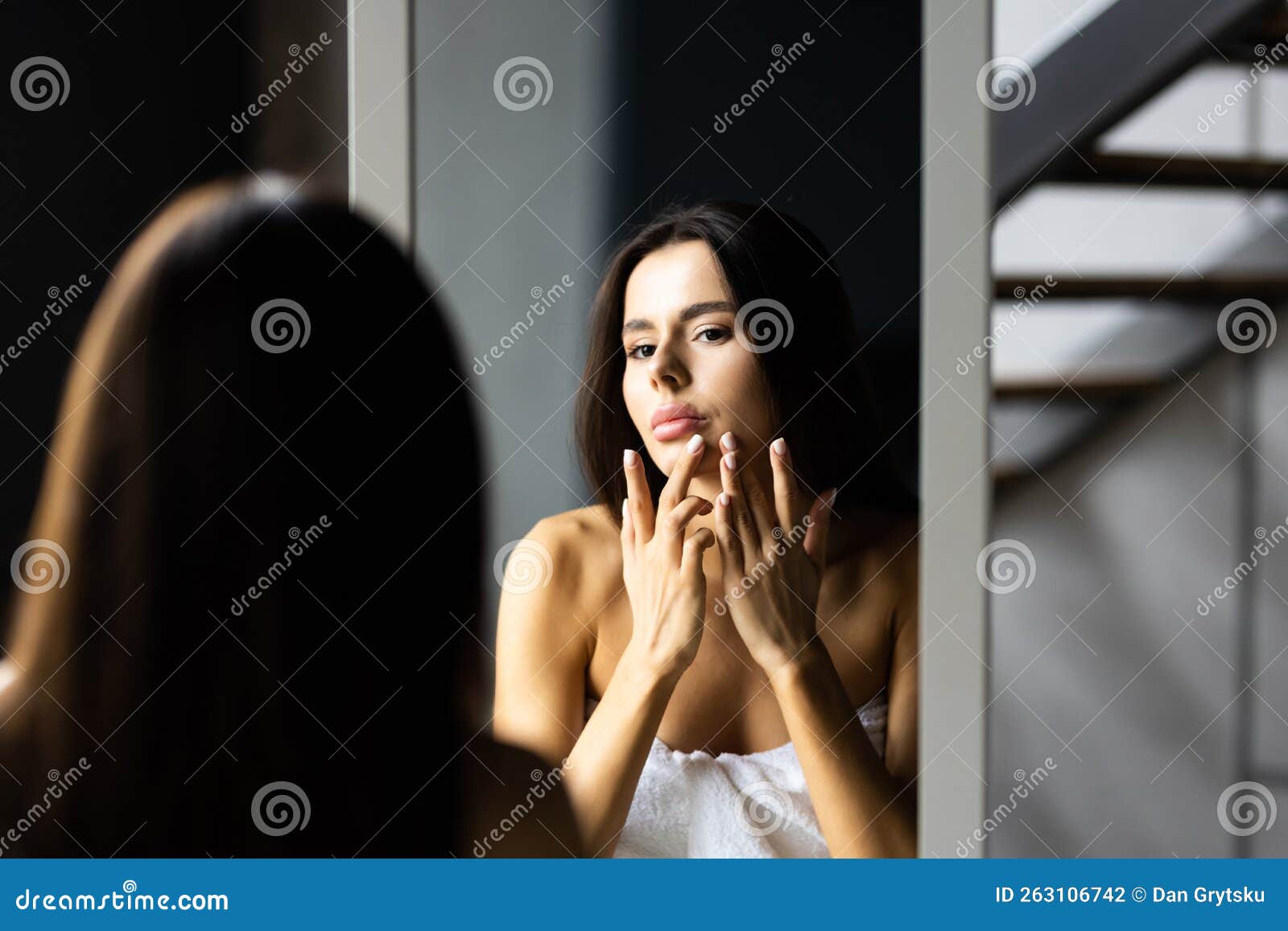 Young Woman Looking on Reflection in the Mirror after Shower Stock ...