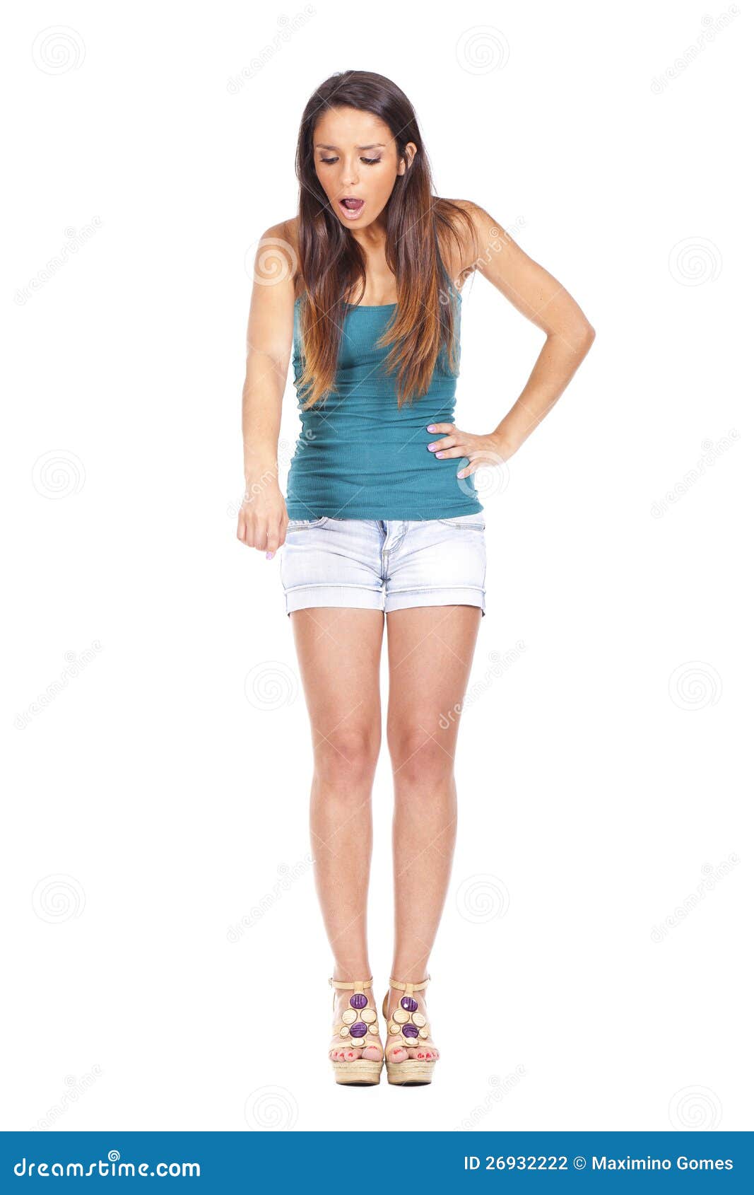 Woman Looking Shocked and Pointing Down Stock Photo - Image of ...