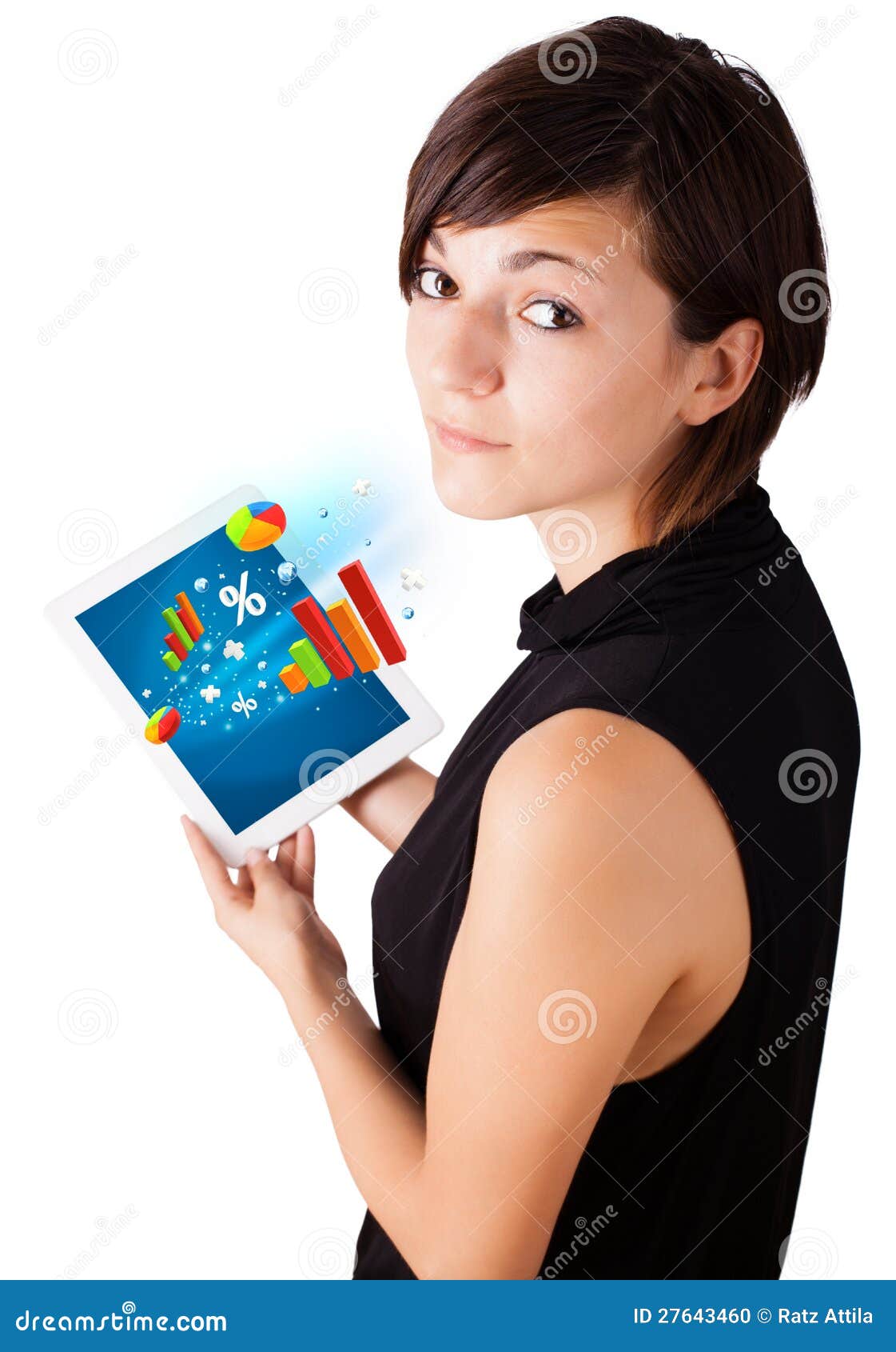 Woman Looking at Tablet with Colourful Diagrams Stock Photo - Image of ...