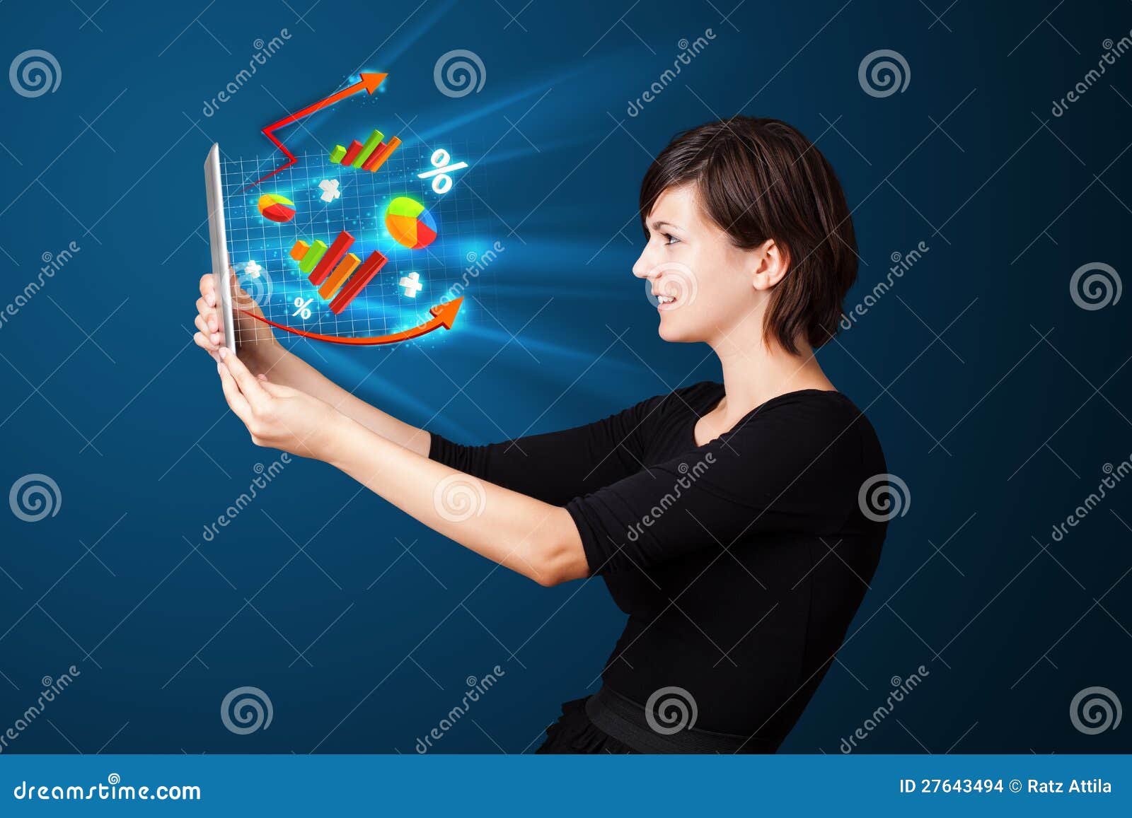 Woman Looking at Tablet with Colourful Diagrams Stock Photo - Image of ...